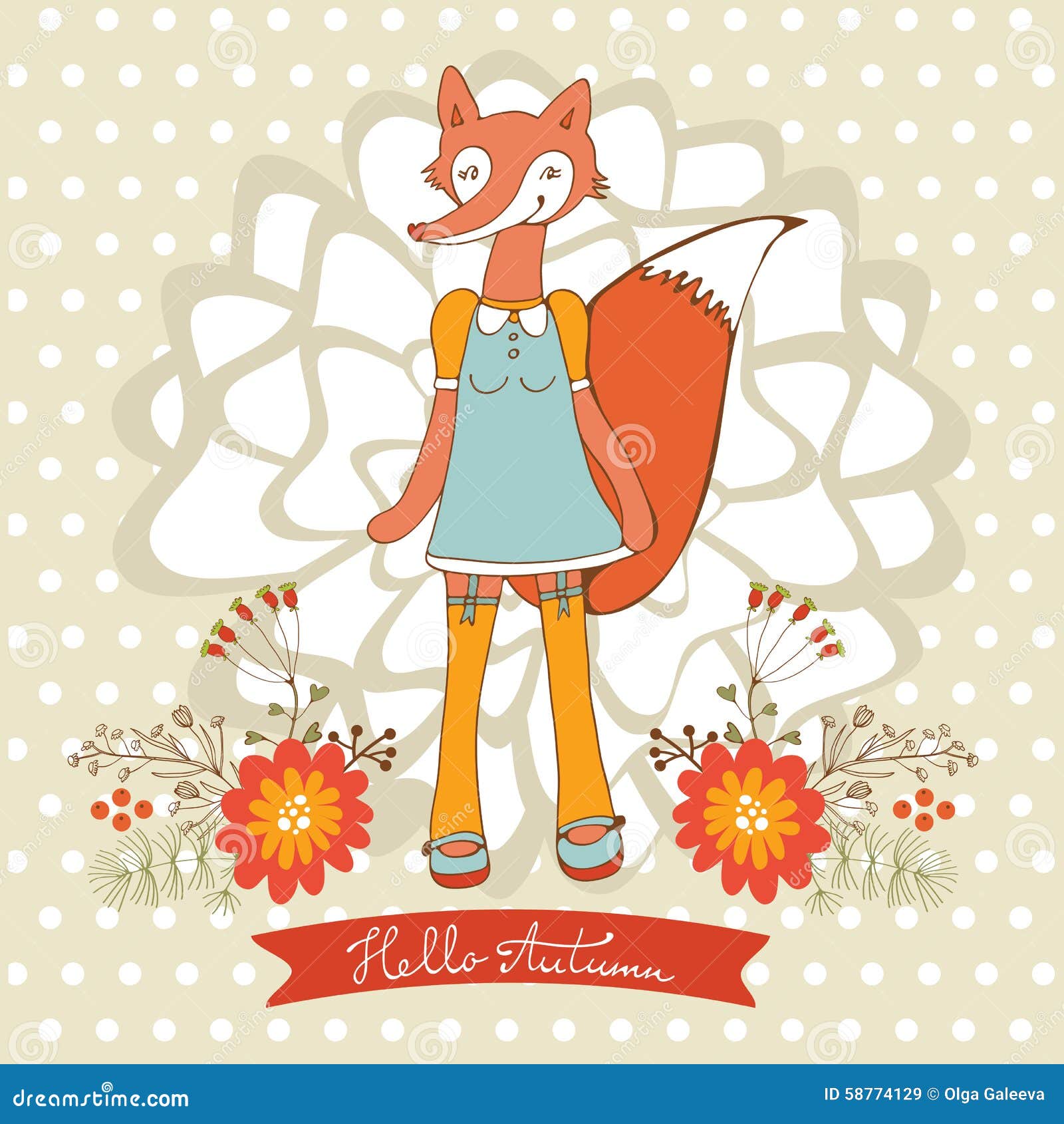 Hello Autumn Elegant Card with Cute Fox Character Stock Vector ...
