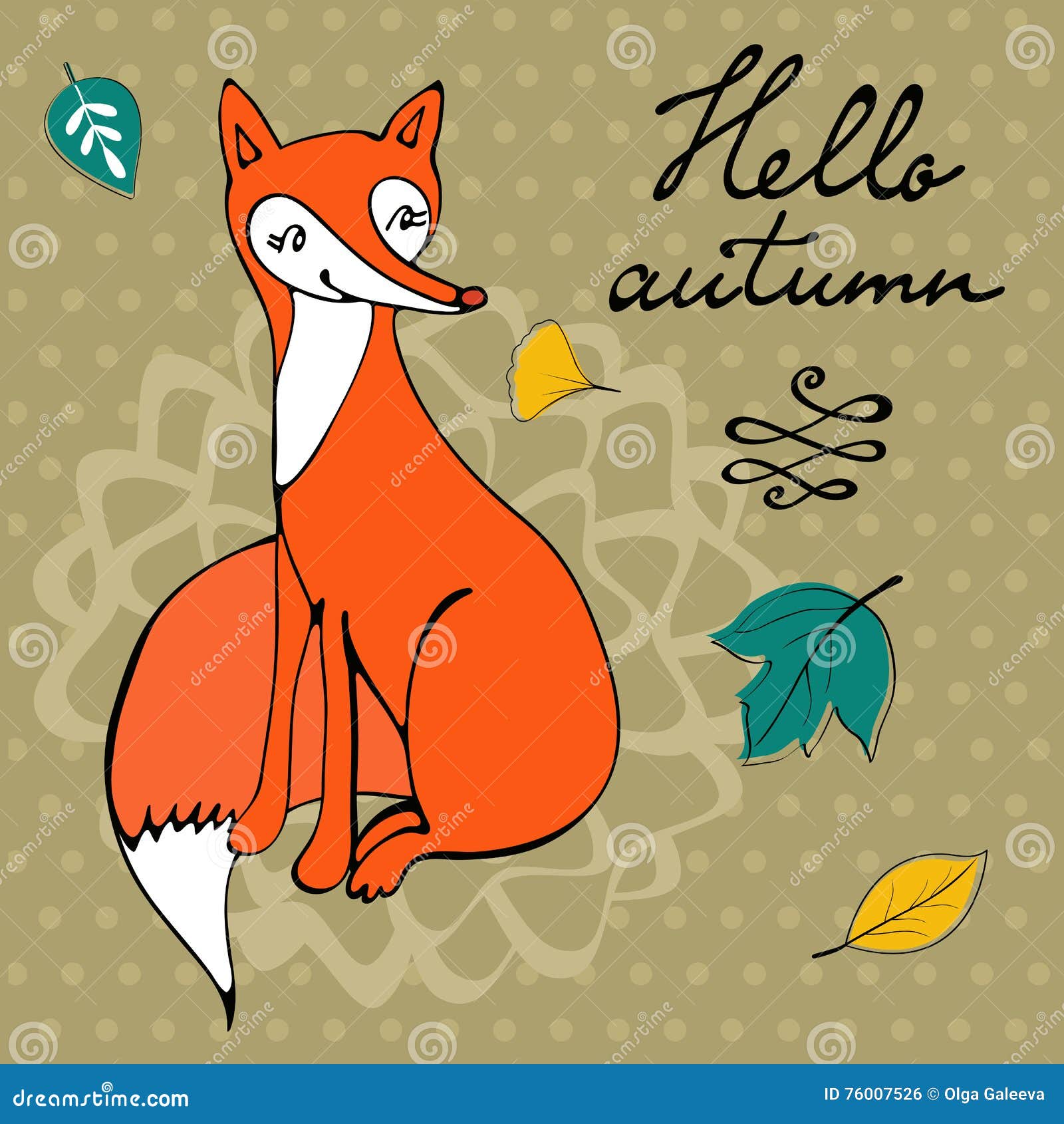 Hello Autumn Elegant Card with Cute Fox Character Stock Vector ...