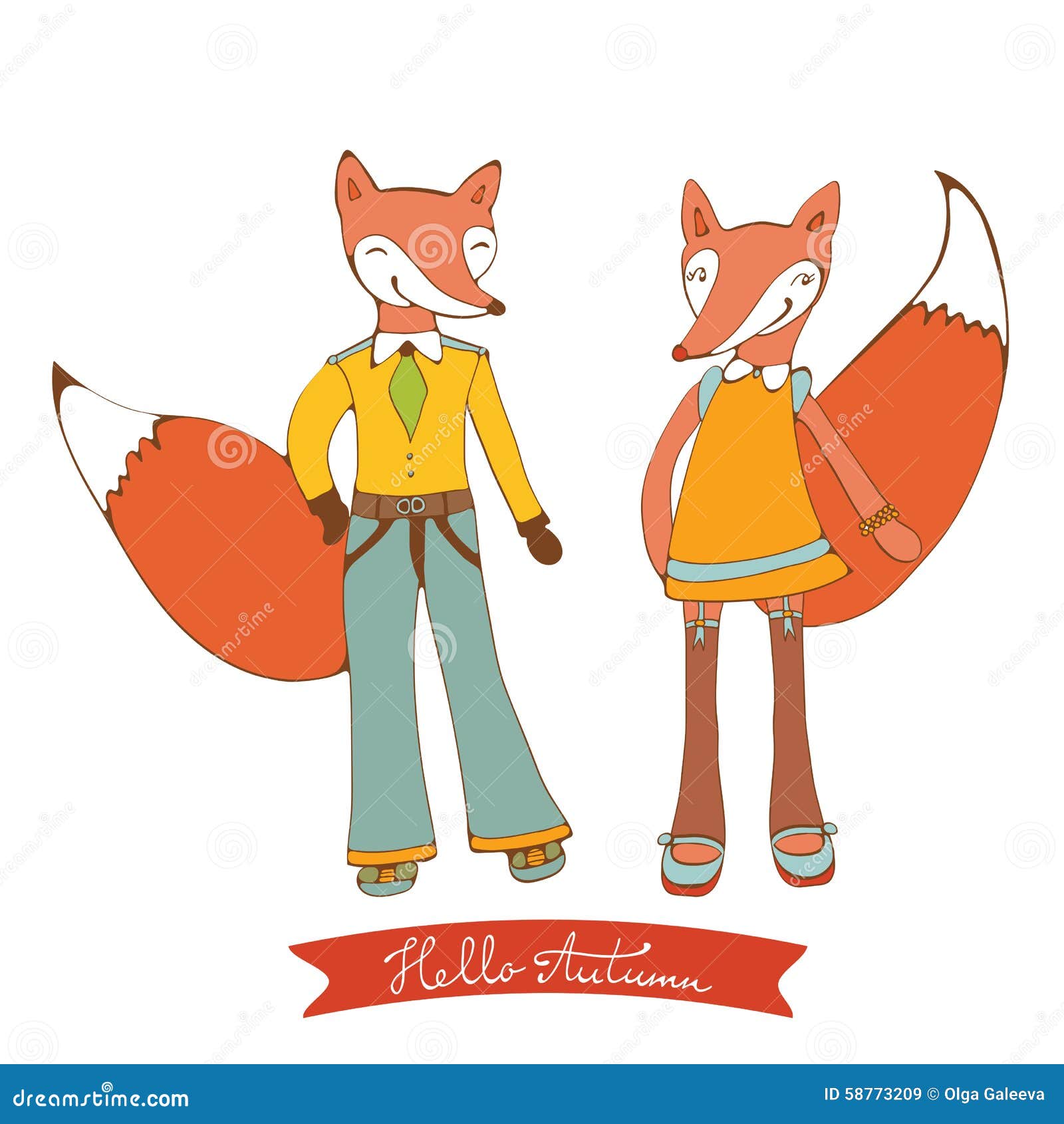 Hello Autumn Elegant Card with Cute Fox Characters Stock Vector ...