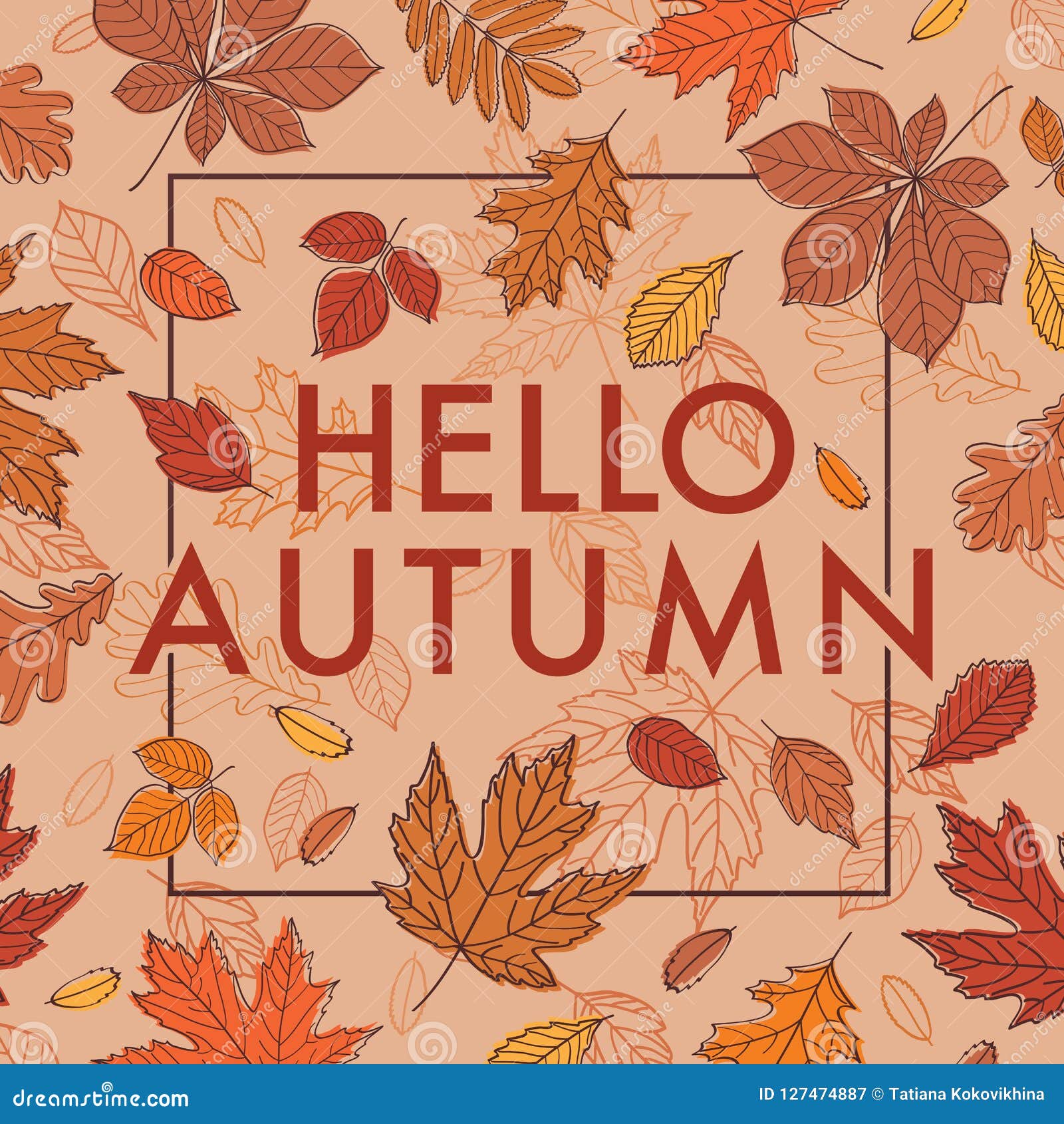 Hello Autumn. Fall of Hand Drawn Autumn Leaves Stock Vector ...
