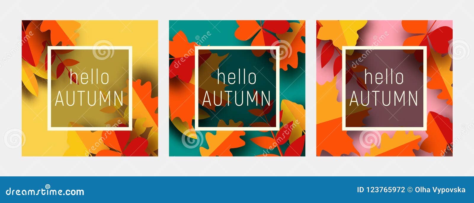 Hello Autumn Greeting Card Template Set. Fall Illustration with Paper ... Hello Autumn Greeting Card Template Set. Fall Illustration with Paper ...