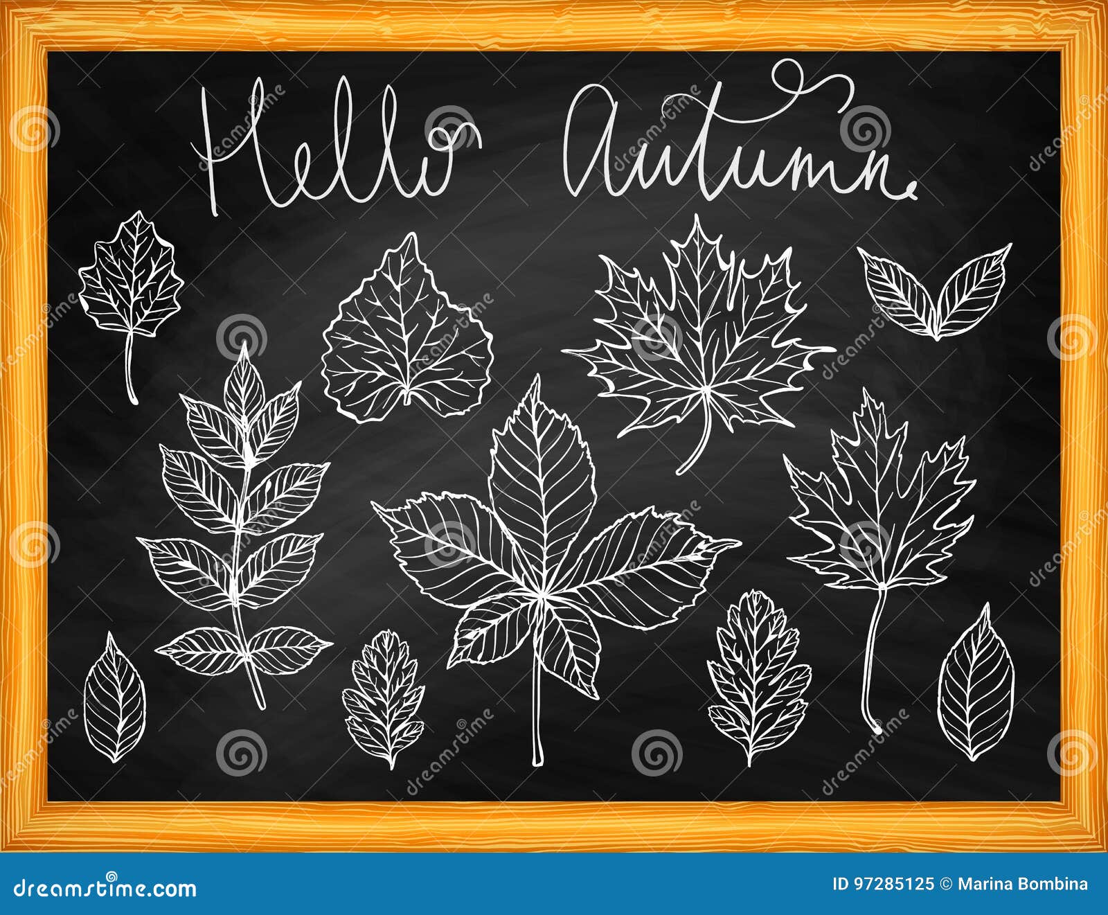 Hello Autumn Leaves Silhouette on Chalkboard Vector Background Stock ...