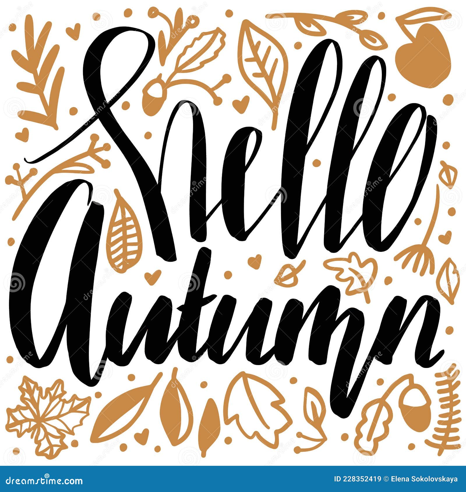 Hello Autumn Lettering Phrase with Doodle Decoration Leaves Elements ...
