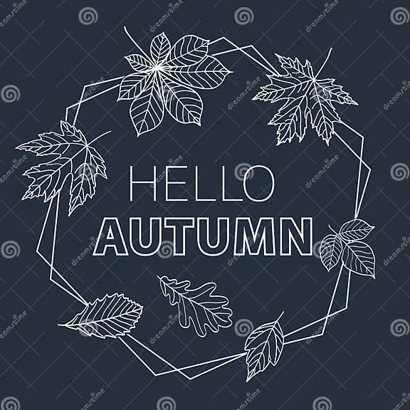 Hello Autumn. Poster with Hand Drawn Leaves and Hexagonal Frame Stock ...
