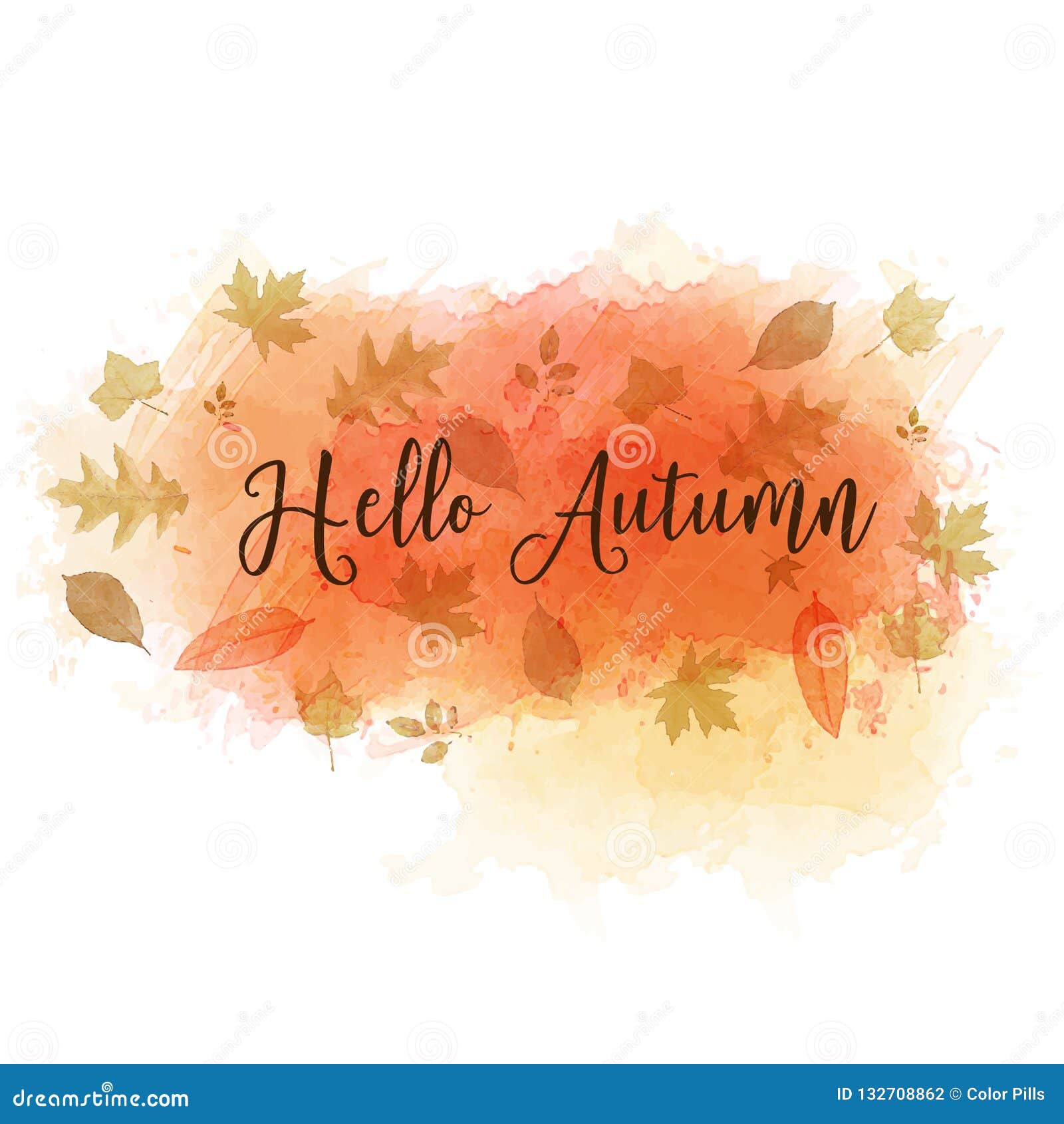 Hello Autumn Slogan on Watercolor Background with Leaves Stock Vector ...