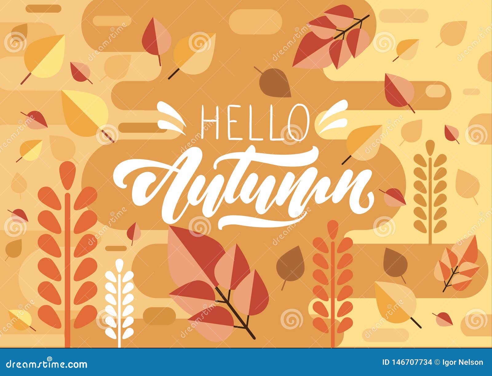 Hello Autumn Text in Lettering on Background in Flat Style with Leaf ...