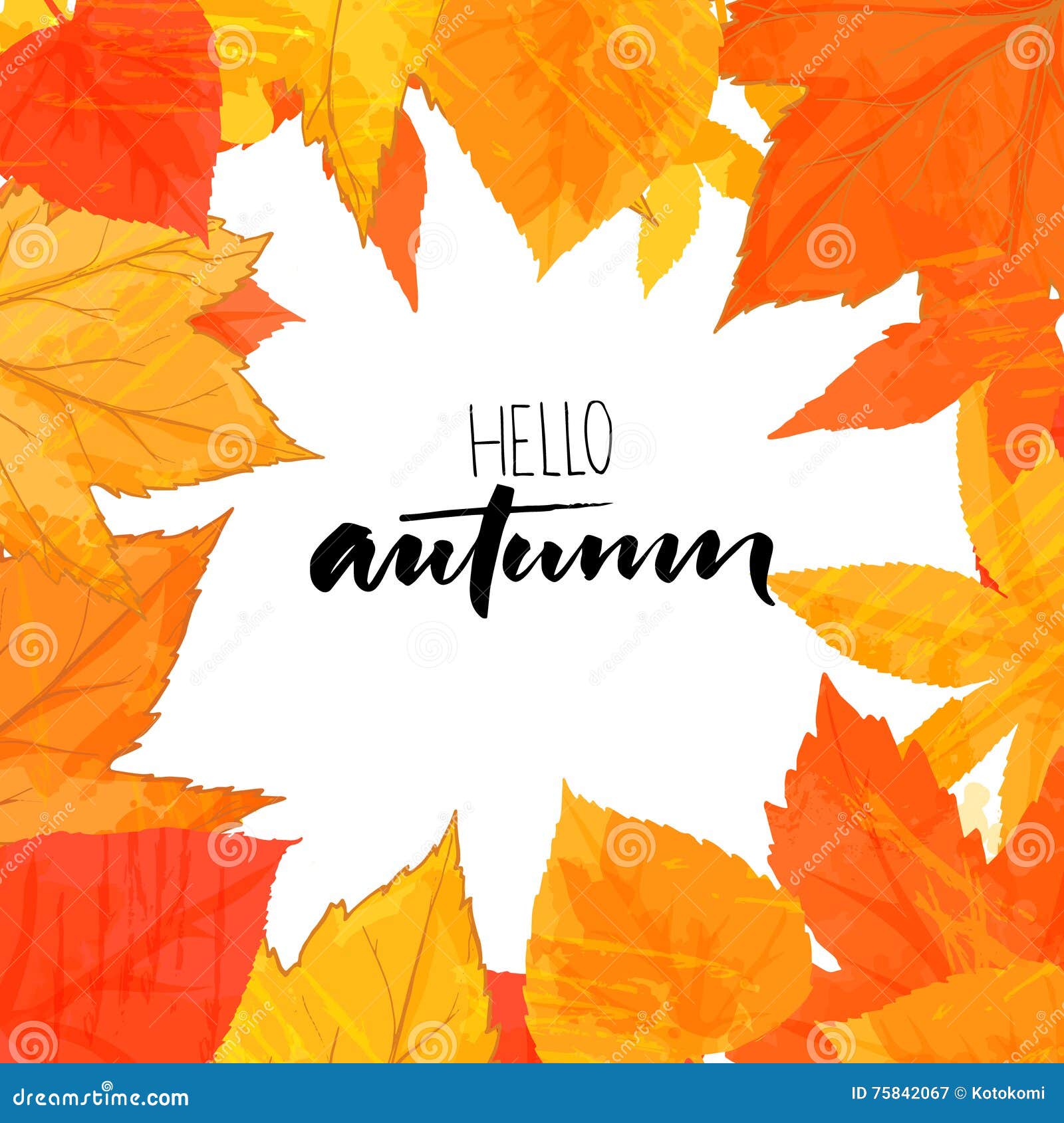 Hello Autumn Text. Vector Brush Calligraphy at Hand Drawn Golden Leaves ...