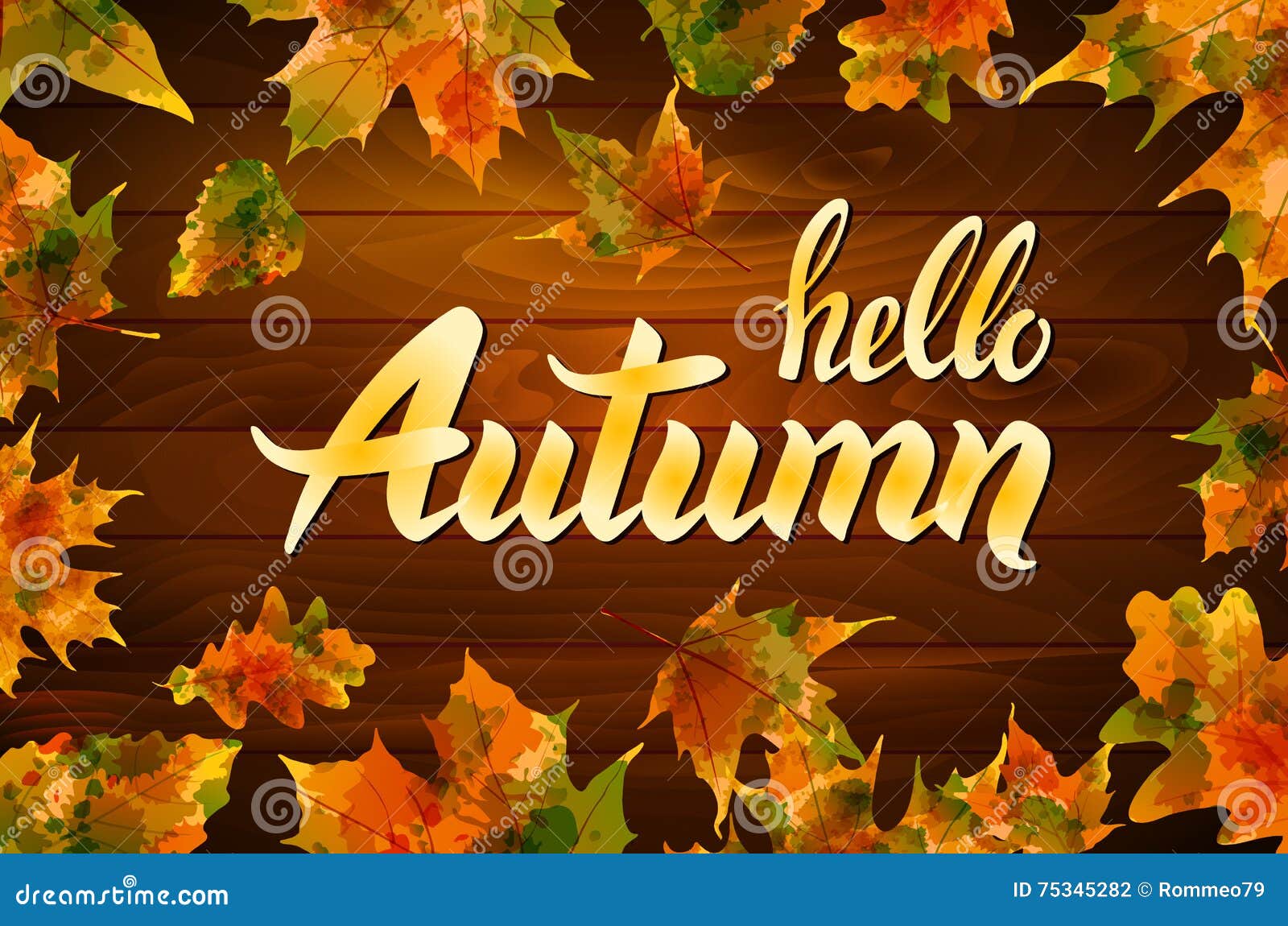 Hello Autumn Text on Wooden Background Orange Leaf Vector Stock Vector ...