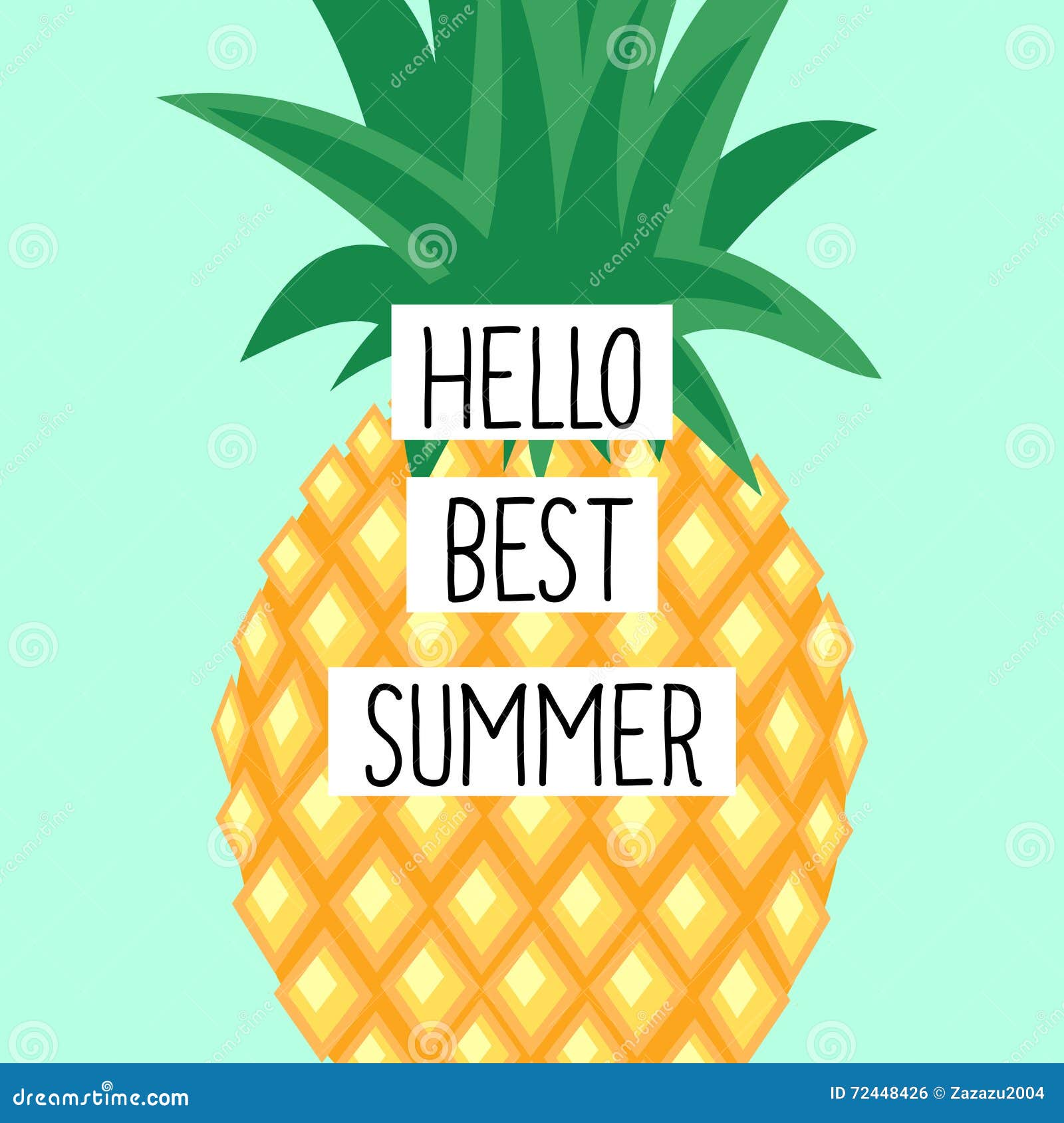 Pineapple With Text `Hello Summer`. Ananas Summer Background. Cartoon ...