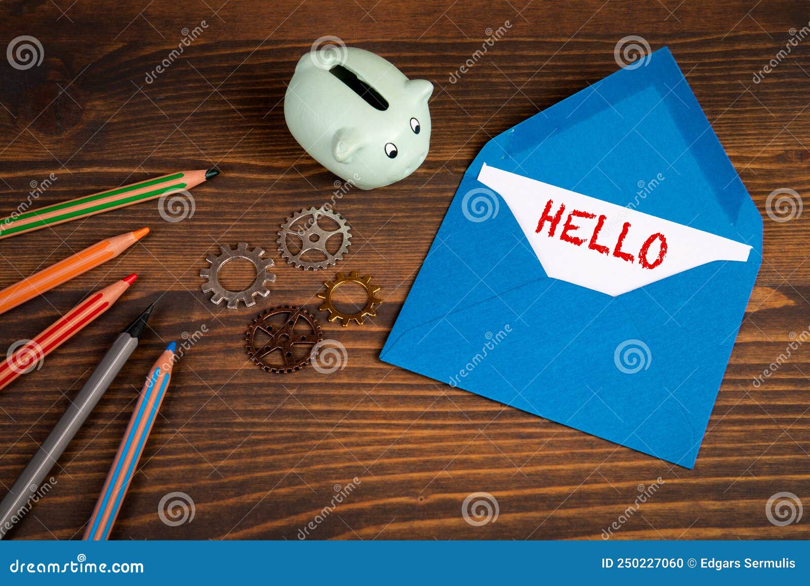 Hello. Blue Envelope with Text on a Brown Office Desk Stock Photo ...