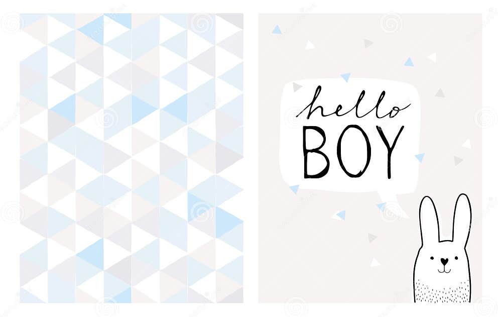 Hello Boy Hand Drawn Card and Irregular Triangles Vector Pattern. Stock ...