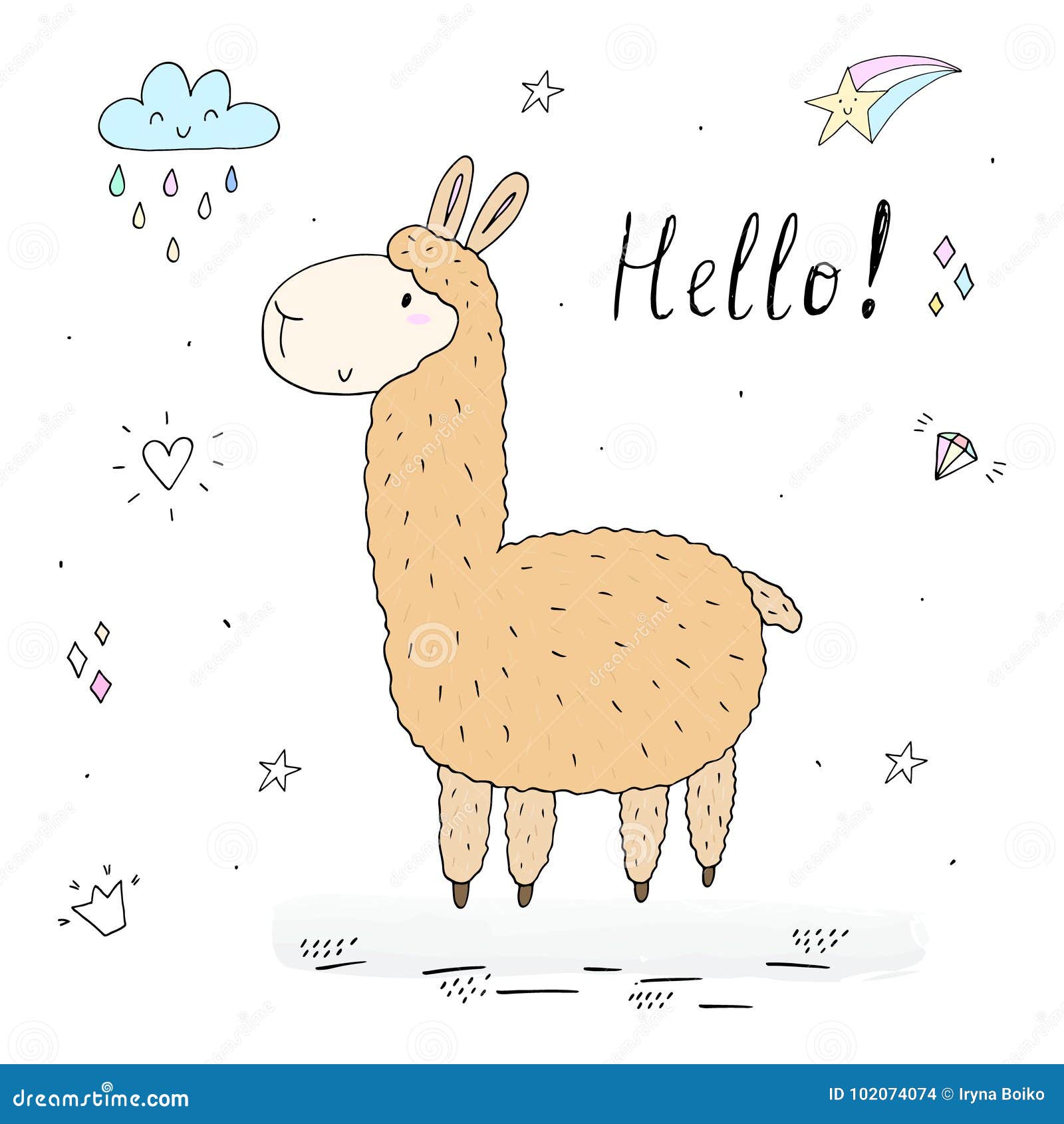 Hello Card with Cute Hand Drawn Funny Llama. Vector Print Stock Vector ...