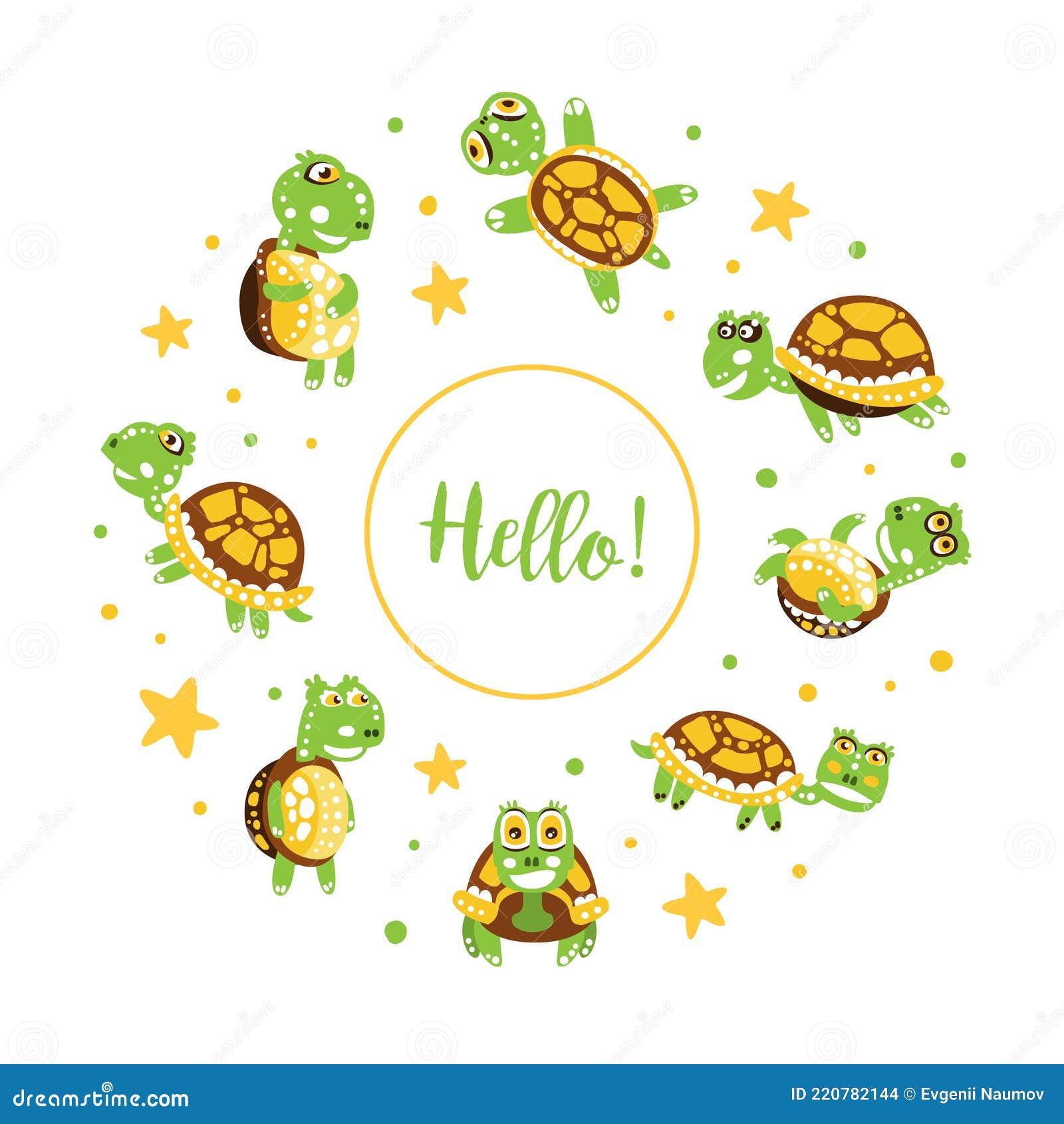 Hello Card with Happy Green Turtle with Shell Vector Illustration Stock ...