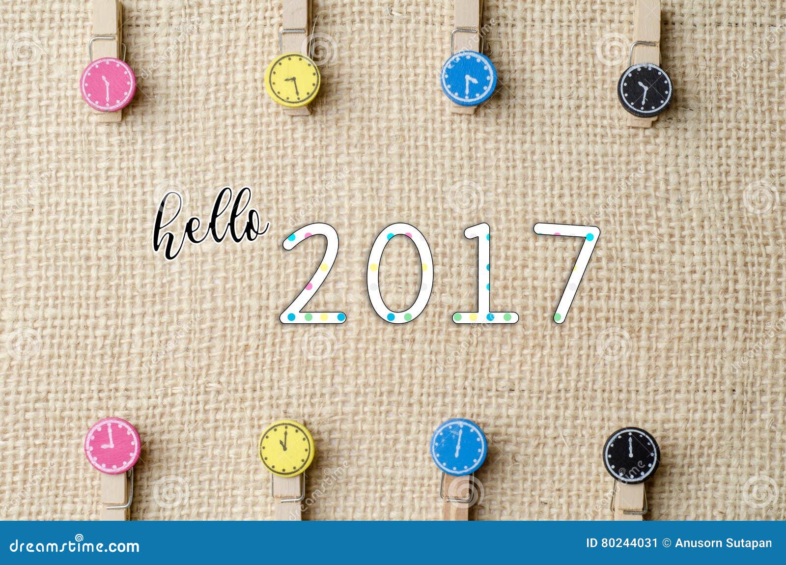 Hello 2017 with Colourful Wooden Clothespins on Burlap Sack Background ...