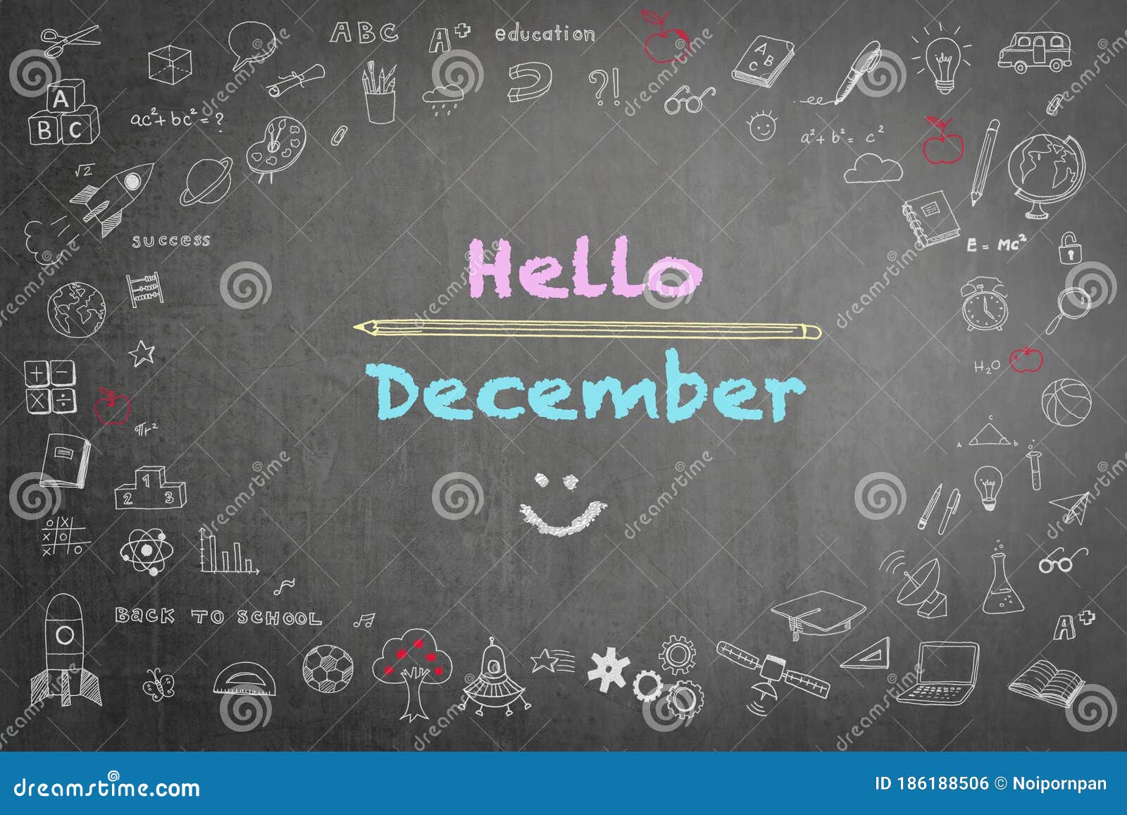 Hello December Greeting on School Black Chalkboard Background with ...