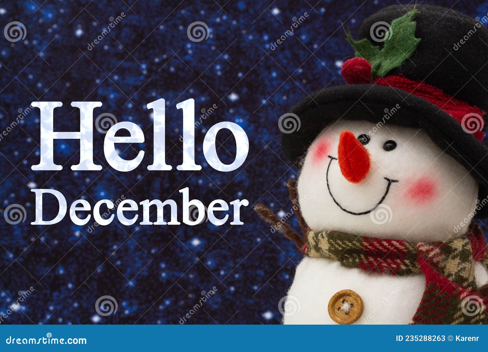 Hello December Message with Happy Snowman with Hat Stock Image - Image ...