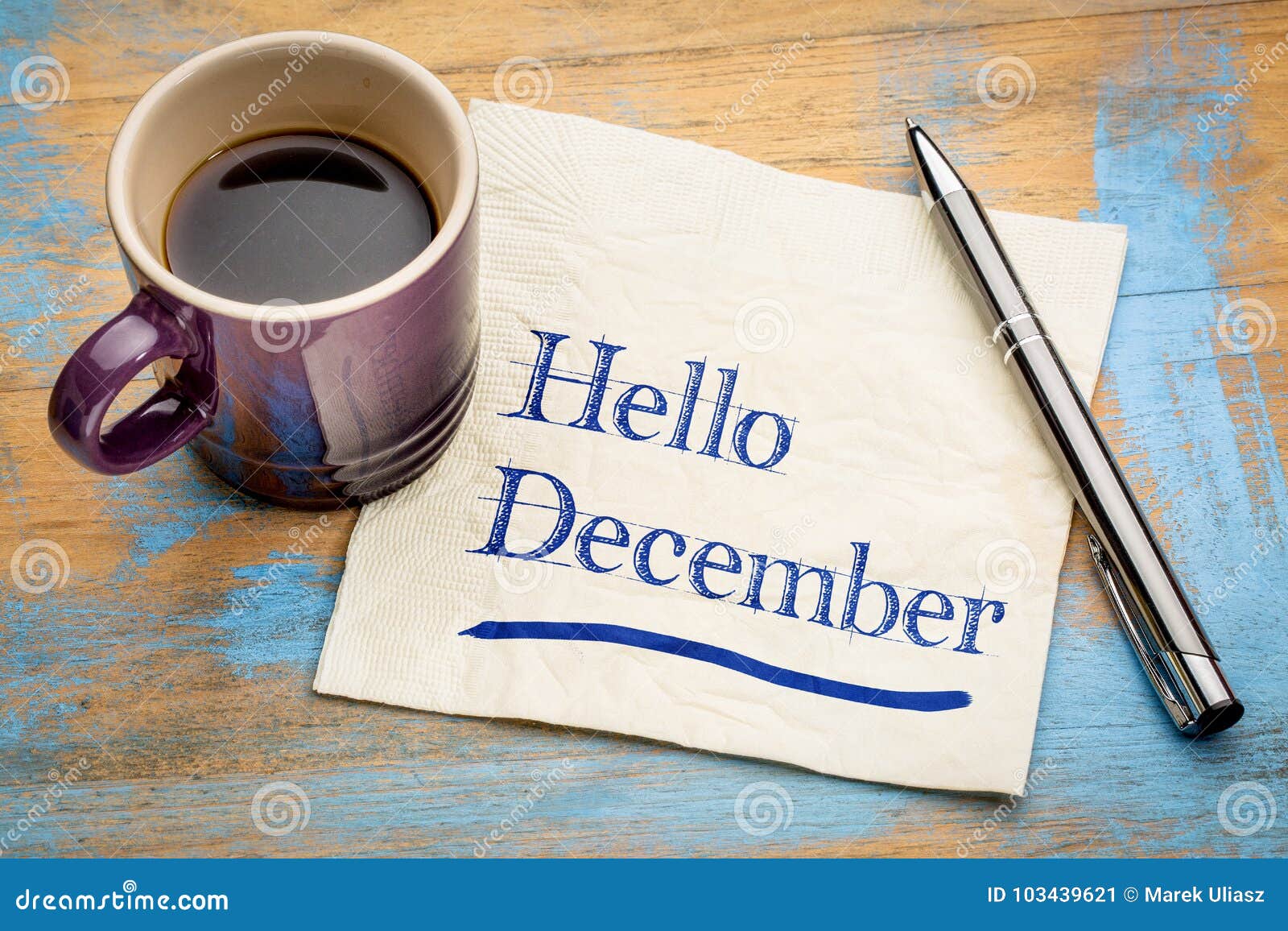Hello December Note on a Napkin Stock Image - Image of blue, napkin ...