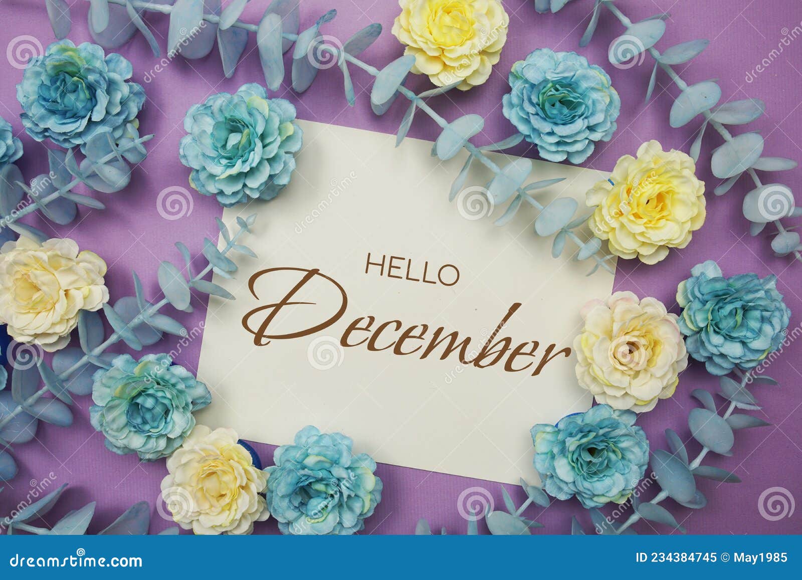 Hello December Typography Text and Flower Decorate on Purple Background ...