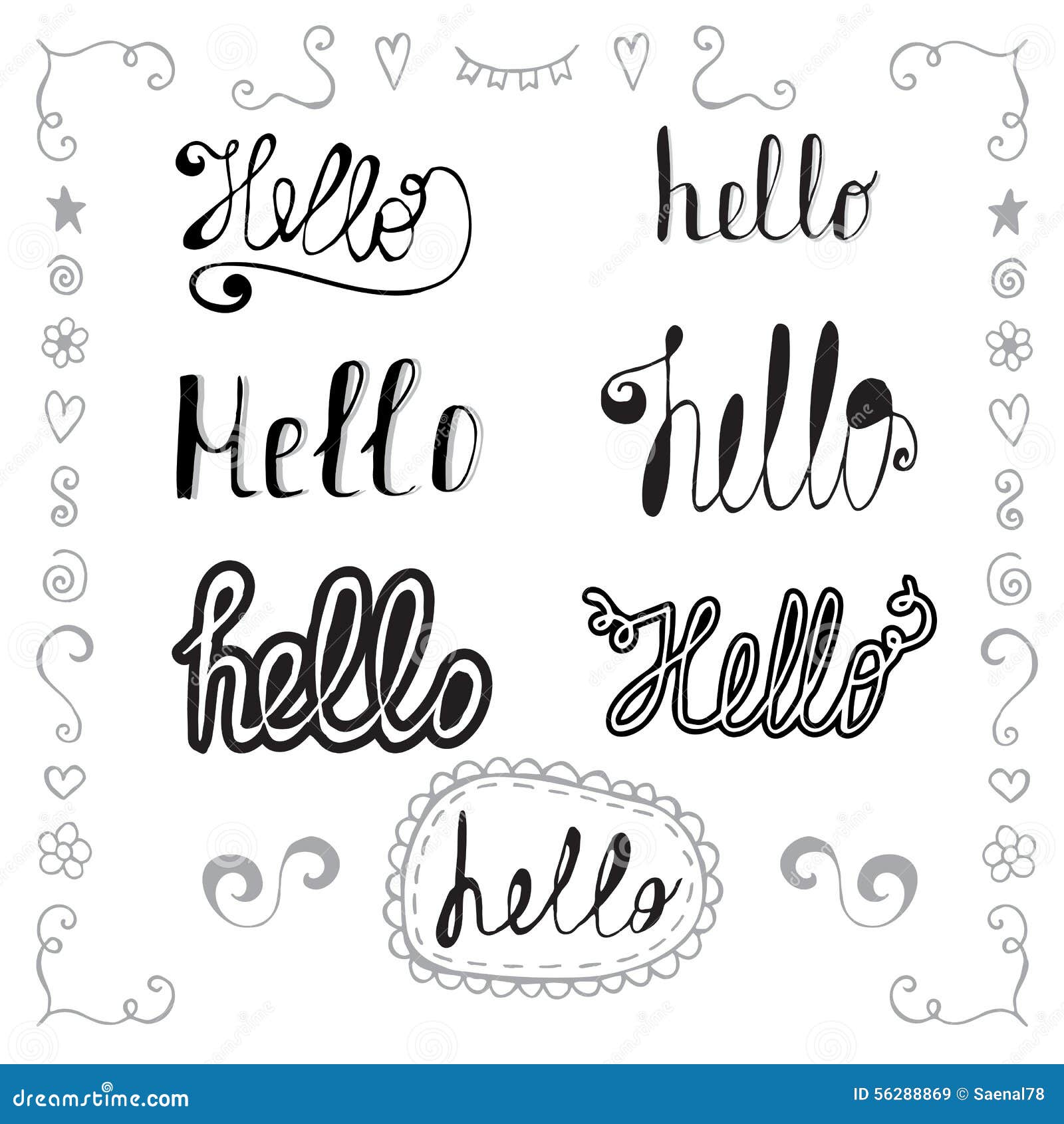 Hello in Different Style Vector Set. Hand Drawn Romantic Design Stock ...