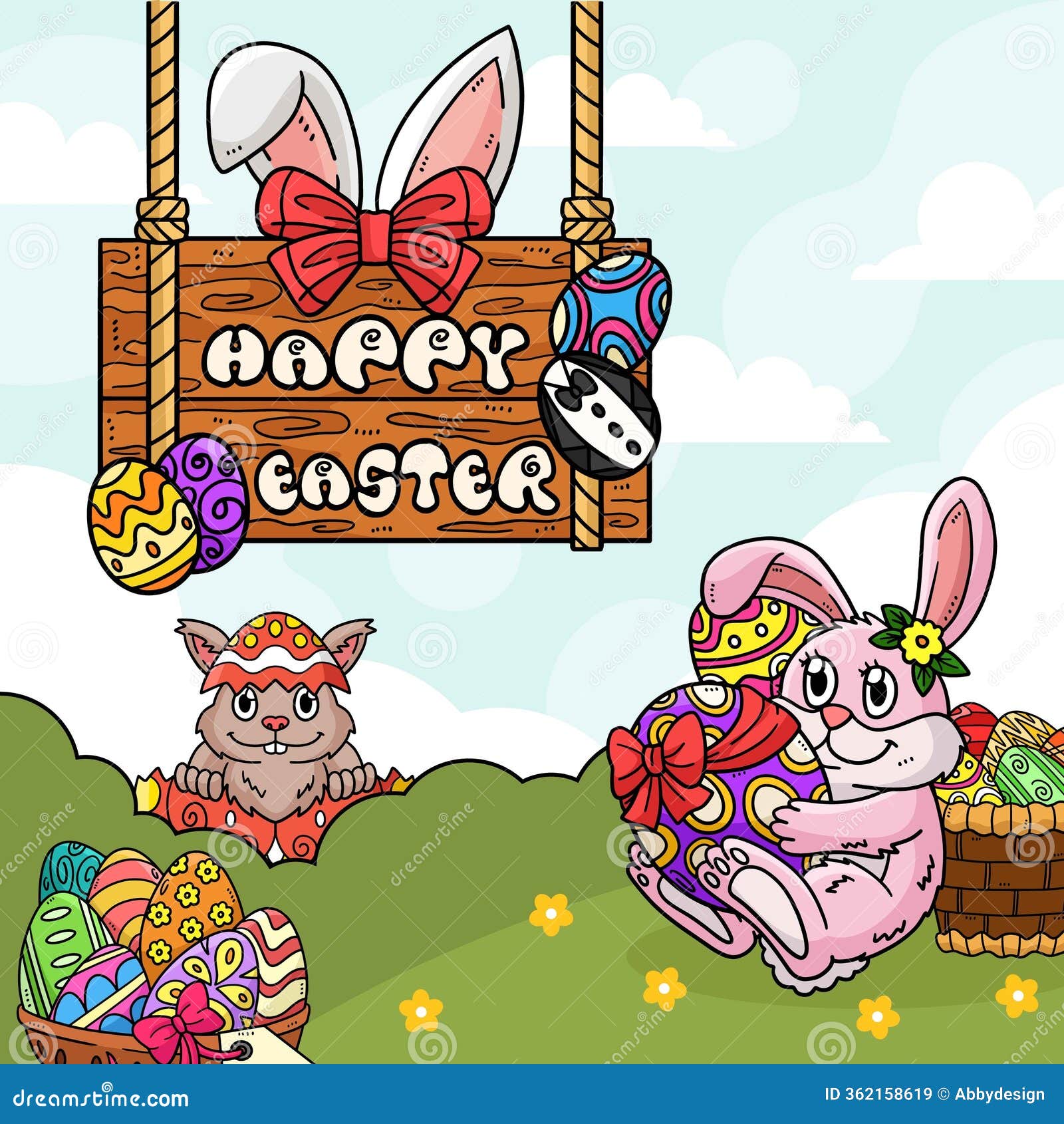 Hello Easter White Rabbit Holding Easter Egg And Baby Chick Friend ...