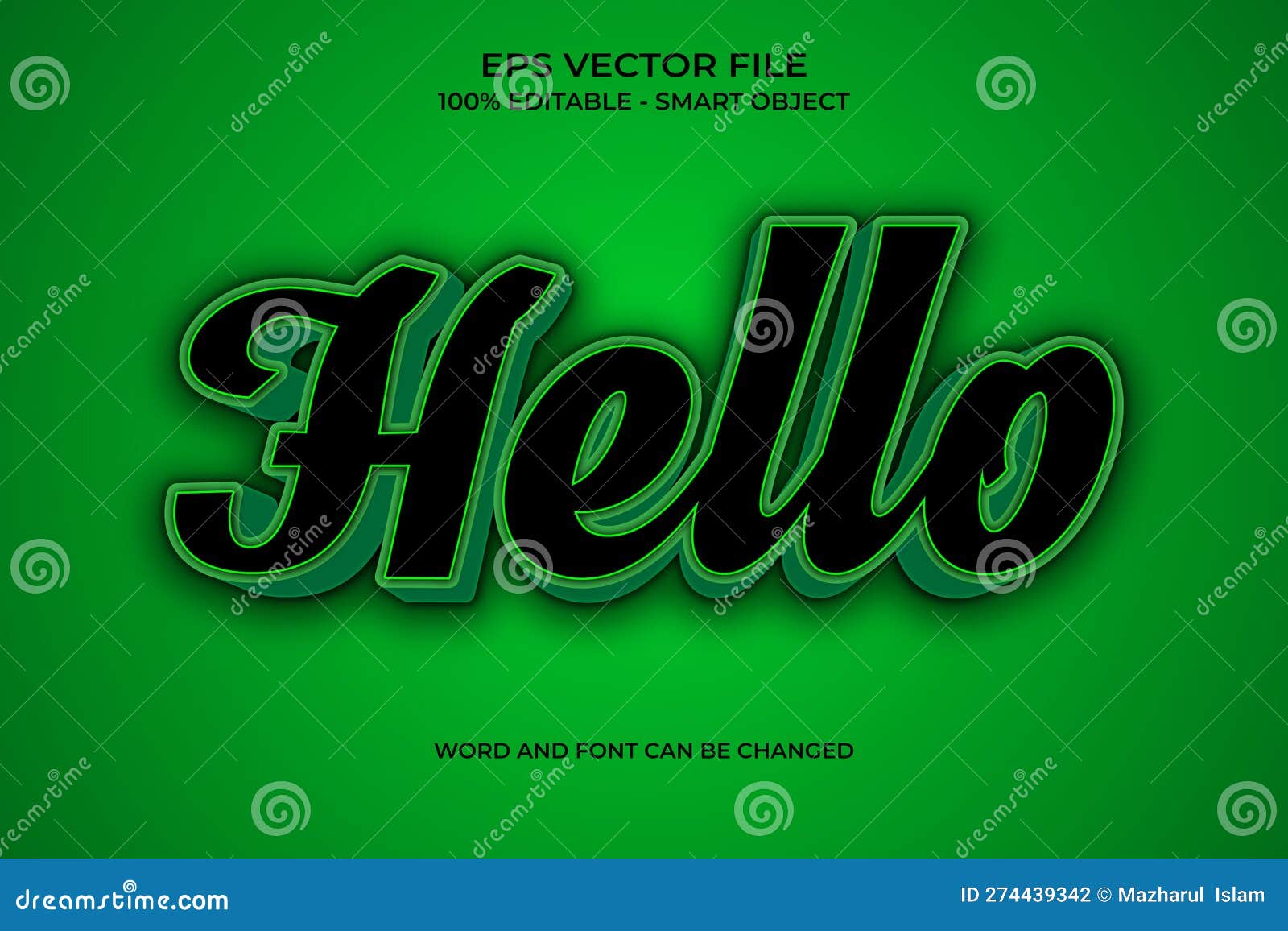 Hello Editable 3D Text Effect with Green Gradient Stock Vector ...