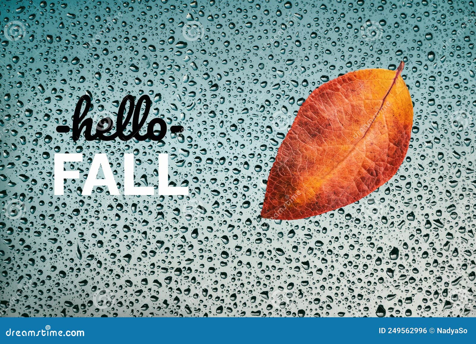Hello Fall Card with Autumn Leaf on Wet Window and Greeting Text Stock ...
