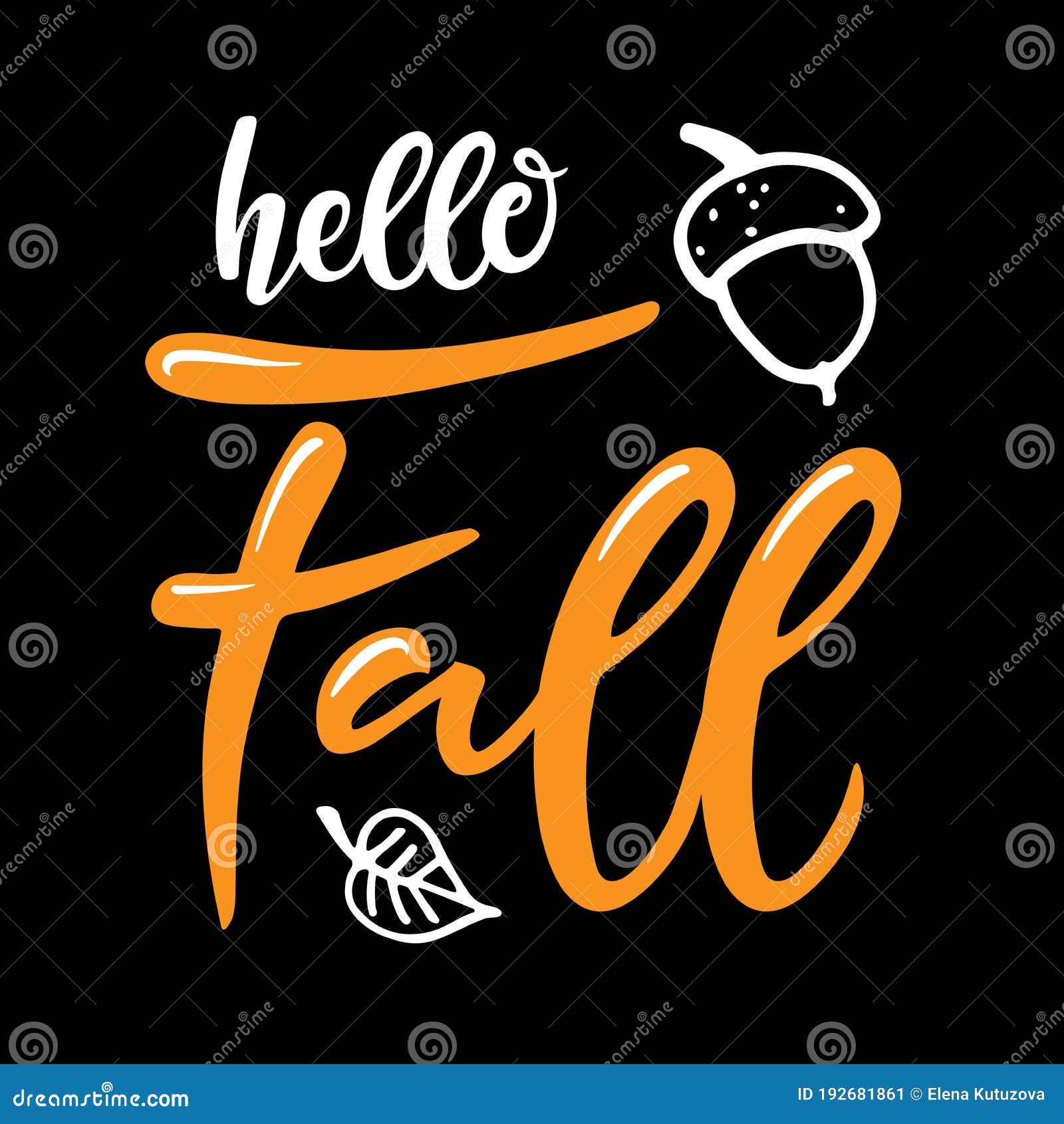 Hello Fall Hand Written Lettering with Acorn and Falling Leaf on White ...