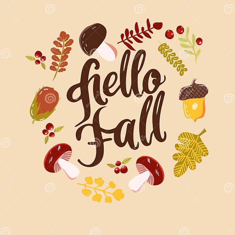 Hello Fall Lettering, Autumn Decorative Vector Card Stock Illustration ...