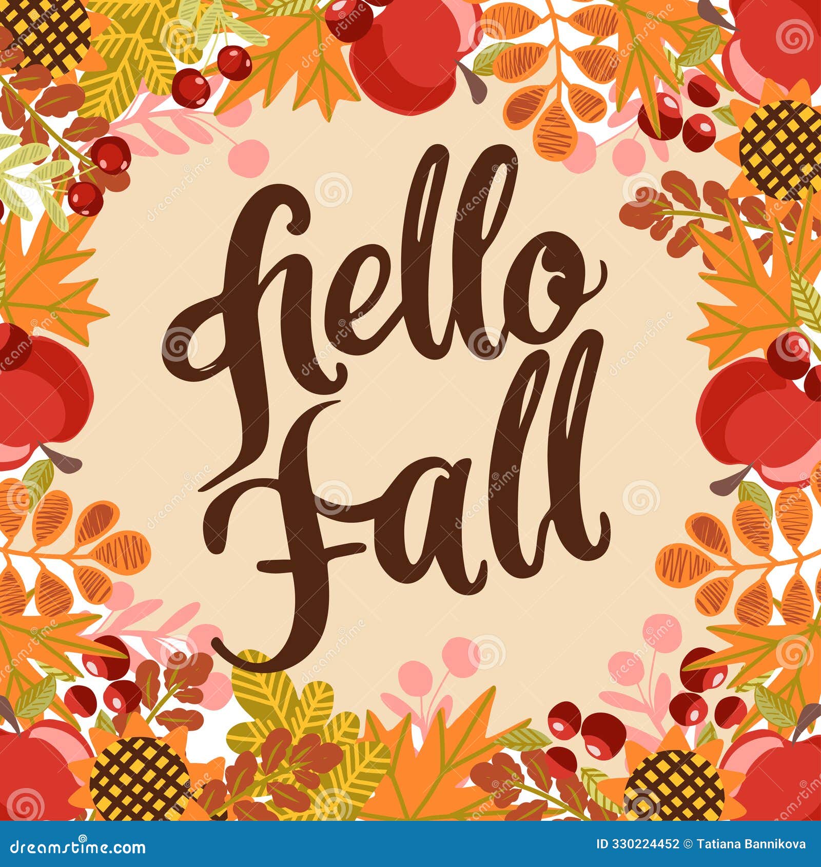 Hello Fall Lettering, Autumn Decorative Vector Card Stock Illustration ...