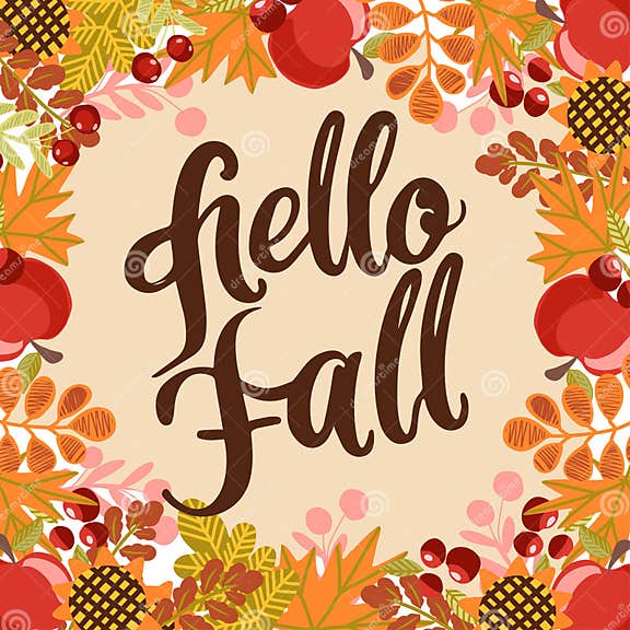 Hello Fall Lettering, Autumn Decorative Vector Card Stock Illustration ...