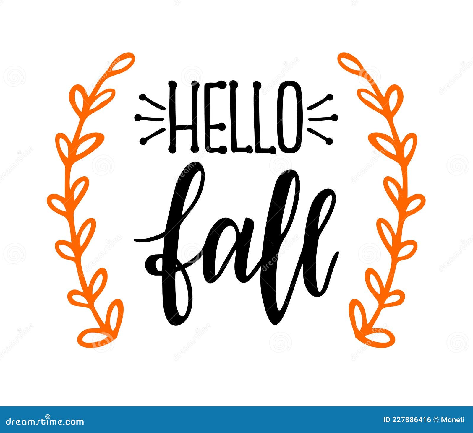 Hello, Fall Lettering Text with Autumn Leaves. Hand Drawn Vector ...