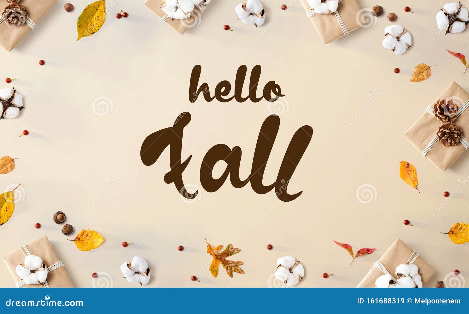 Hello Fall Message with Gift Boxes with Leaves Stock Image - Image of ...