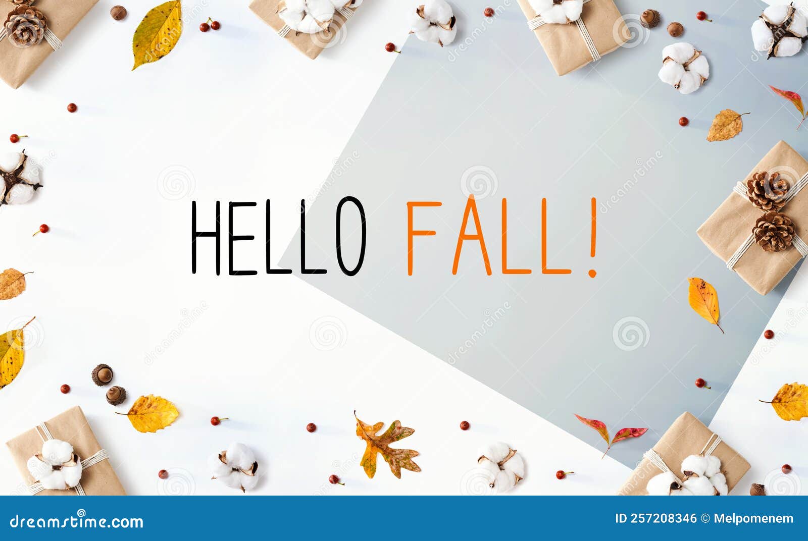 Hello Fall Message with Gift Boxes with Leaves Stock Photo - Image of ...
