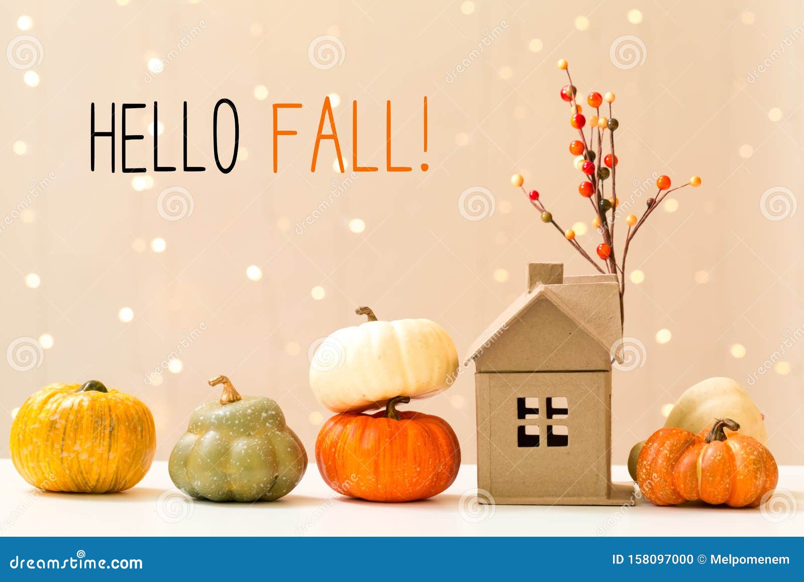 Hello Fall Message with Pumpkins with a House Stock Photo - Image of ...