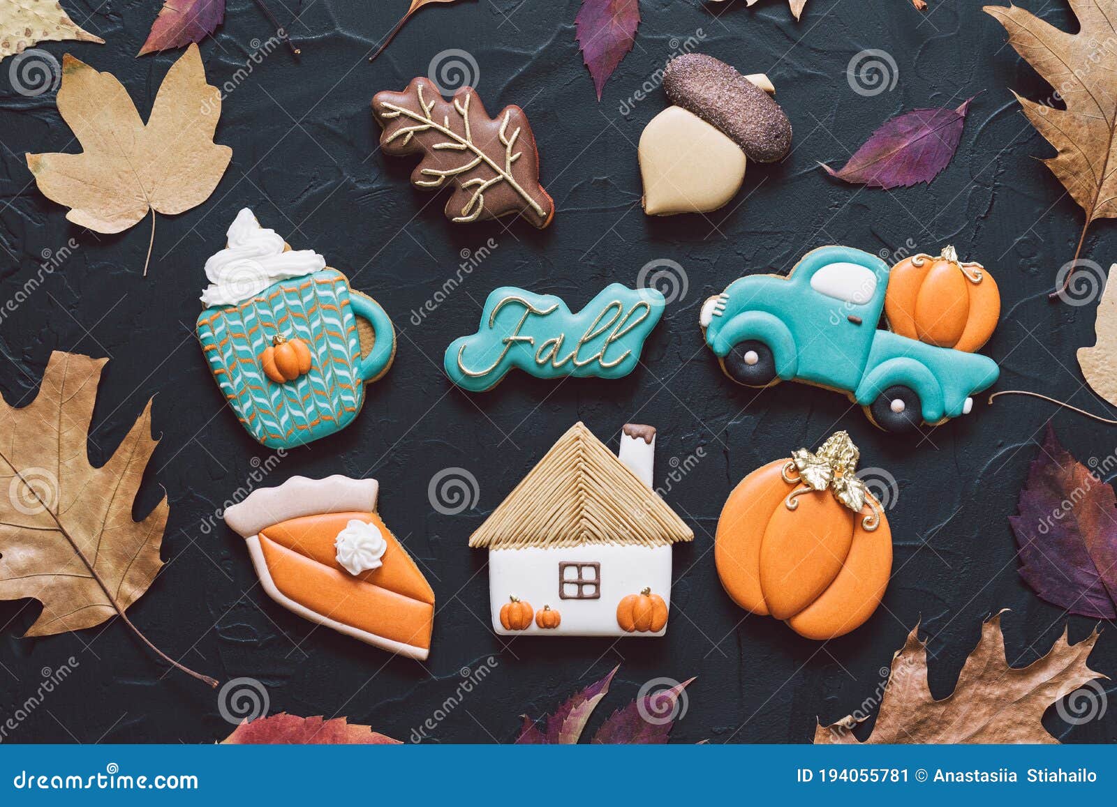 Hello Fall. Multicolored Autumn Cookies on a Black Background Stock ...