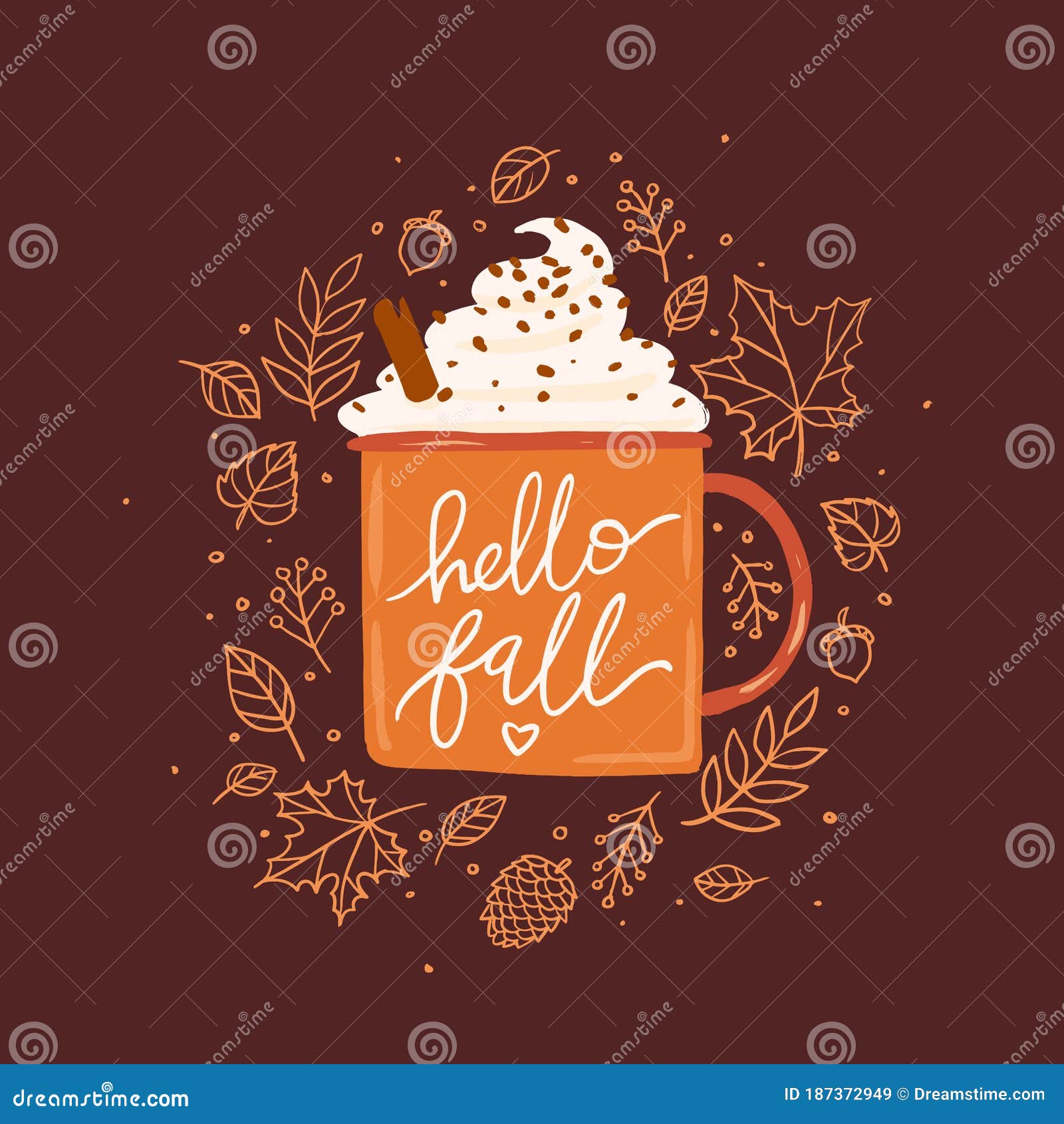 Hello Fall Illustration with Coffee Cup and Autumn Leaves Stock Vector ...