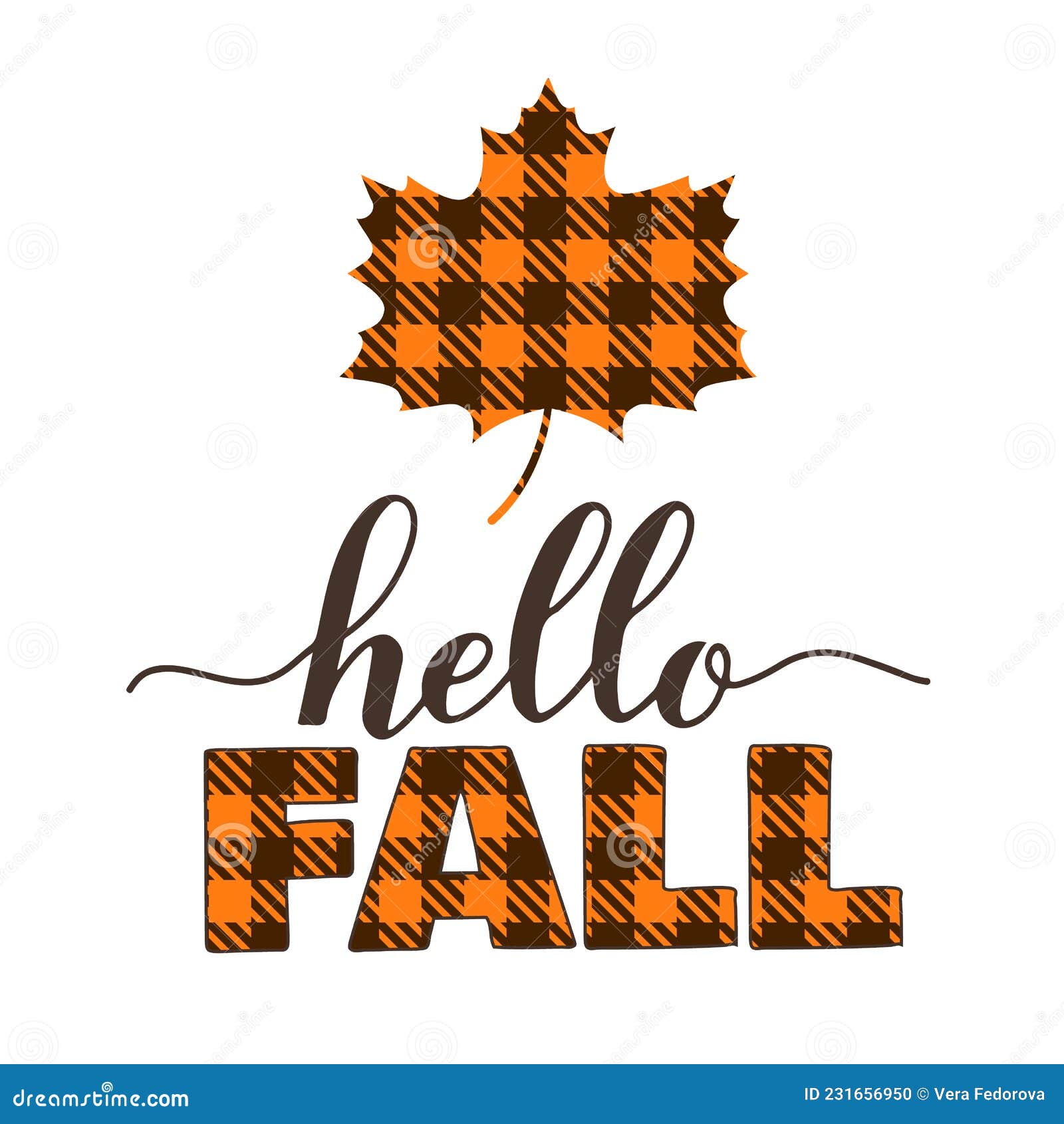 Hello Fall Quote Lettering. Orange Maple Leaf Made of Buffalo Plaid ...