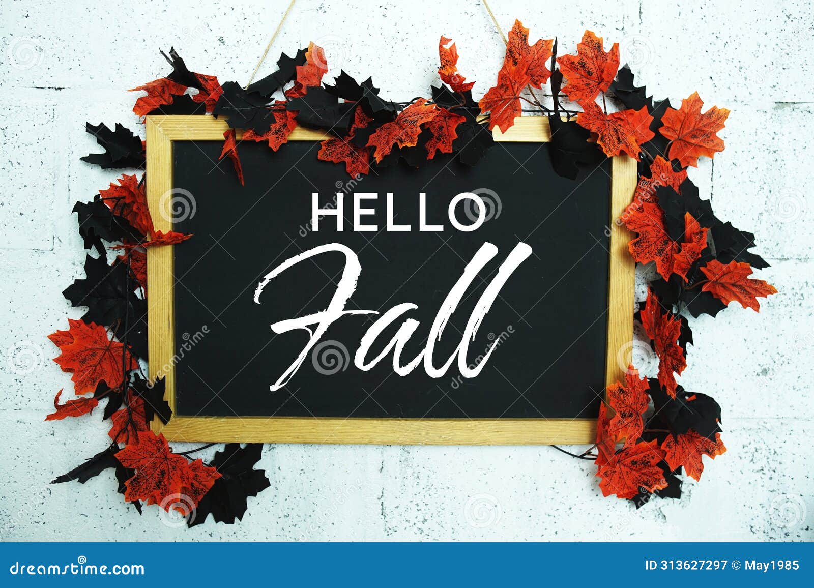 Hello Fall Text Message on Blackboard Decoration with Maple Leaves ...
