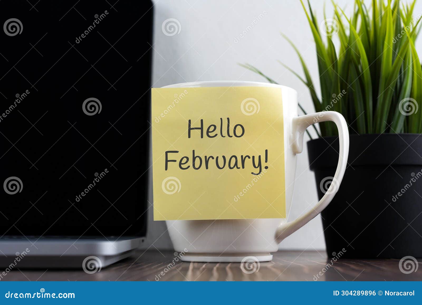 Hello February on Adhesive Note Stick on Coffee Cup Stock Photo - Image ...