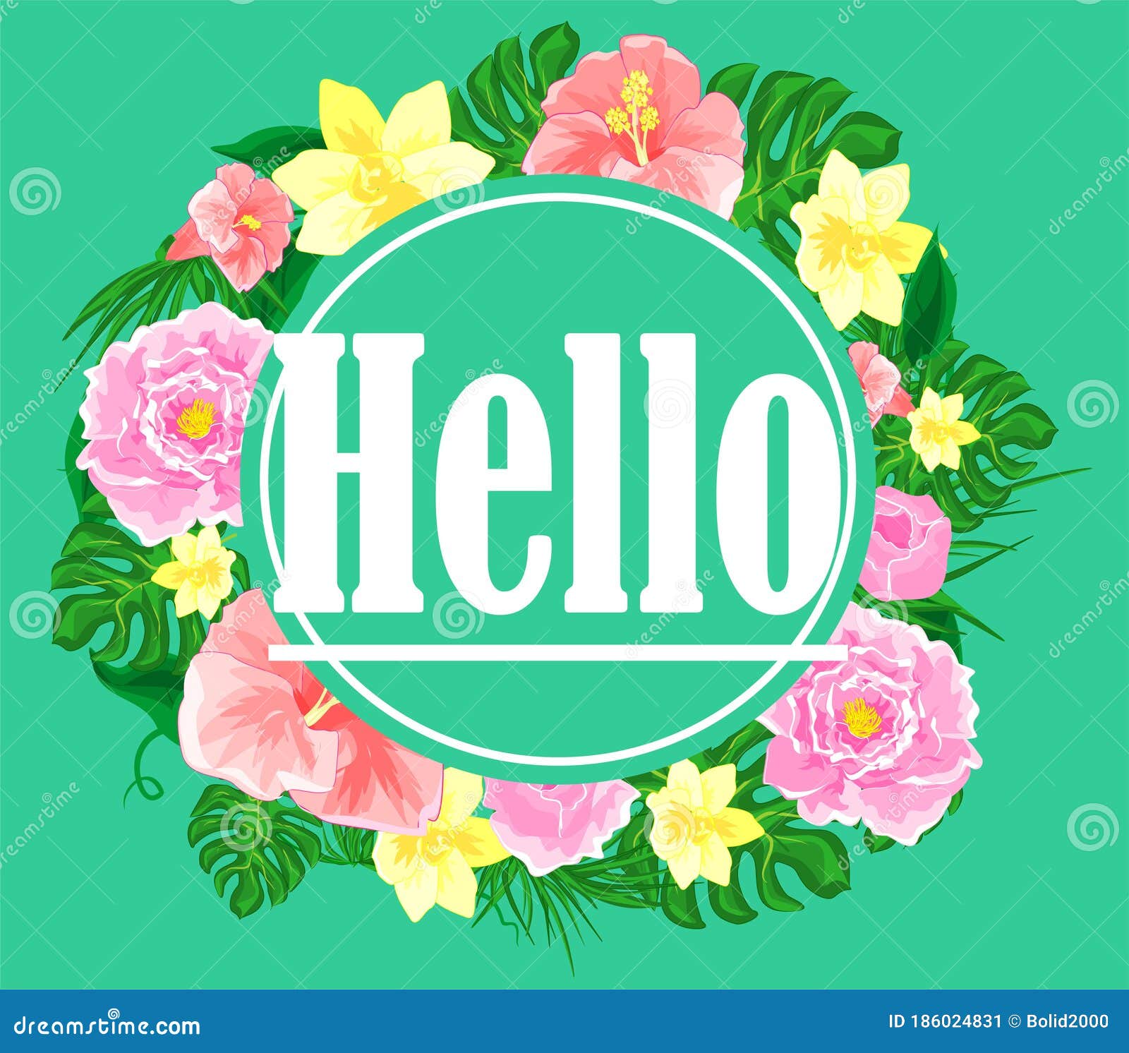 Hello and flowers stock illustration. Illustration of spring - 186024831