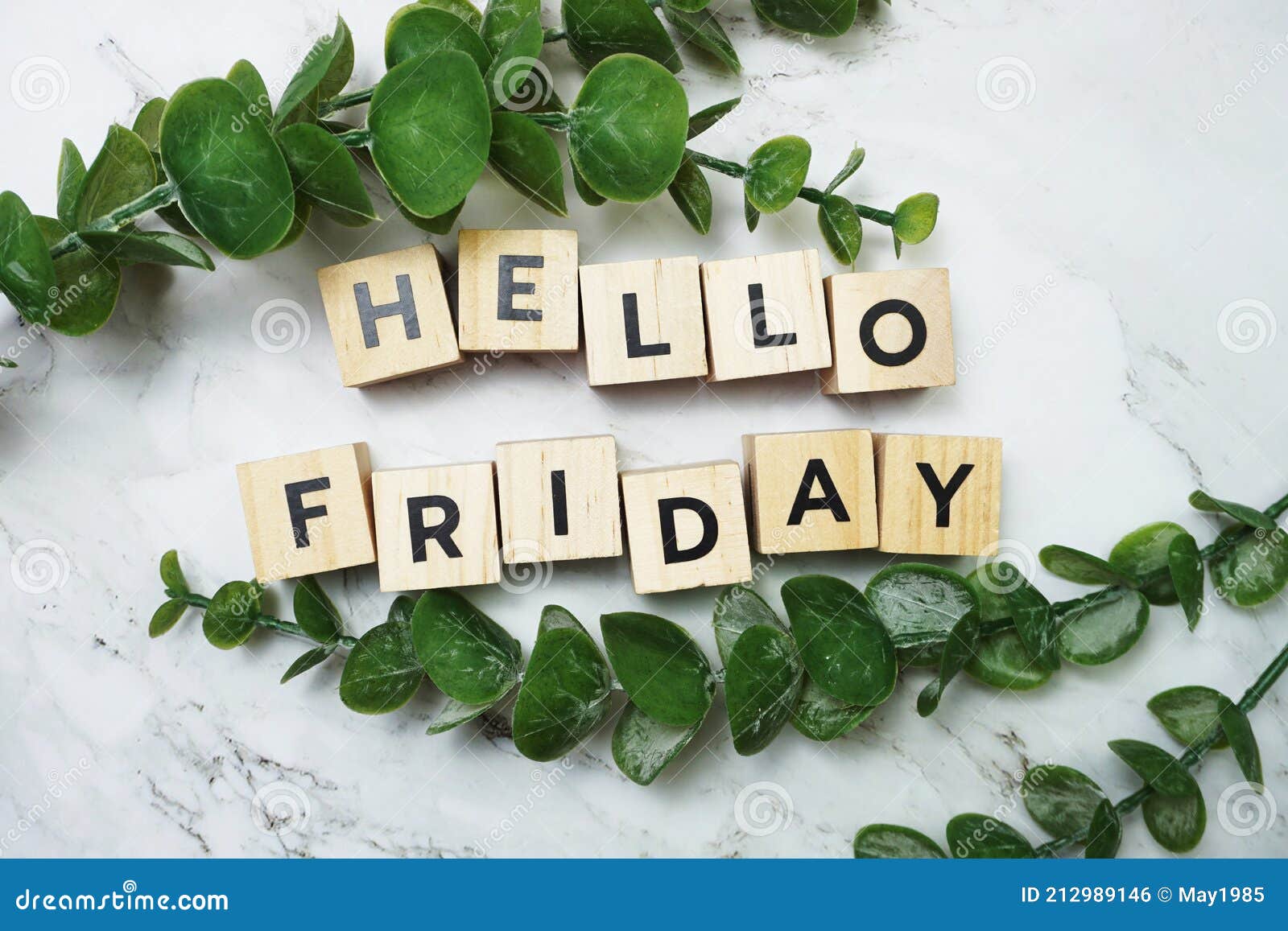 Hello Friday Alphabet Letter with Green Leave Flat Lay on Marble ...