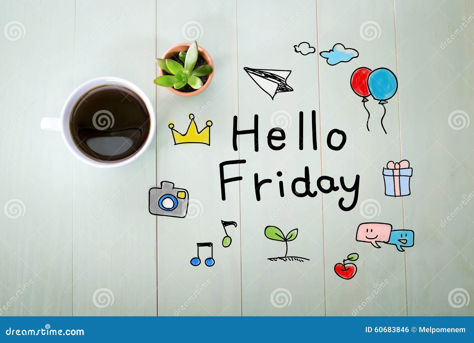 Hello Friday Message with a Cup of Coffee Stock Photo - Image of camera ...