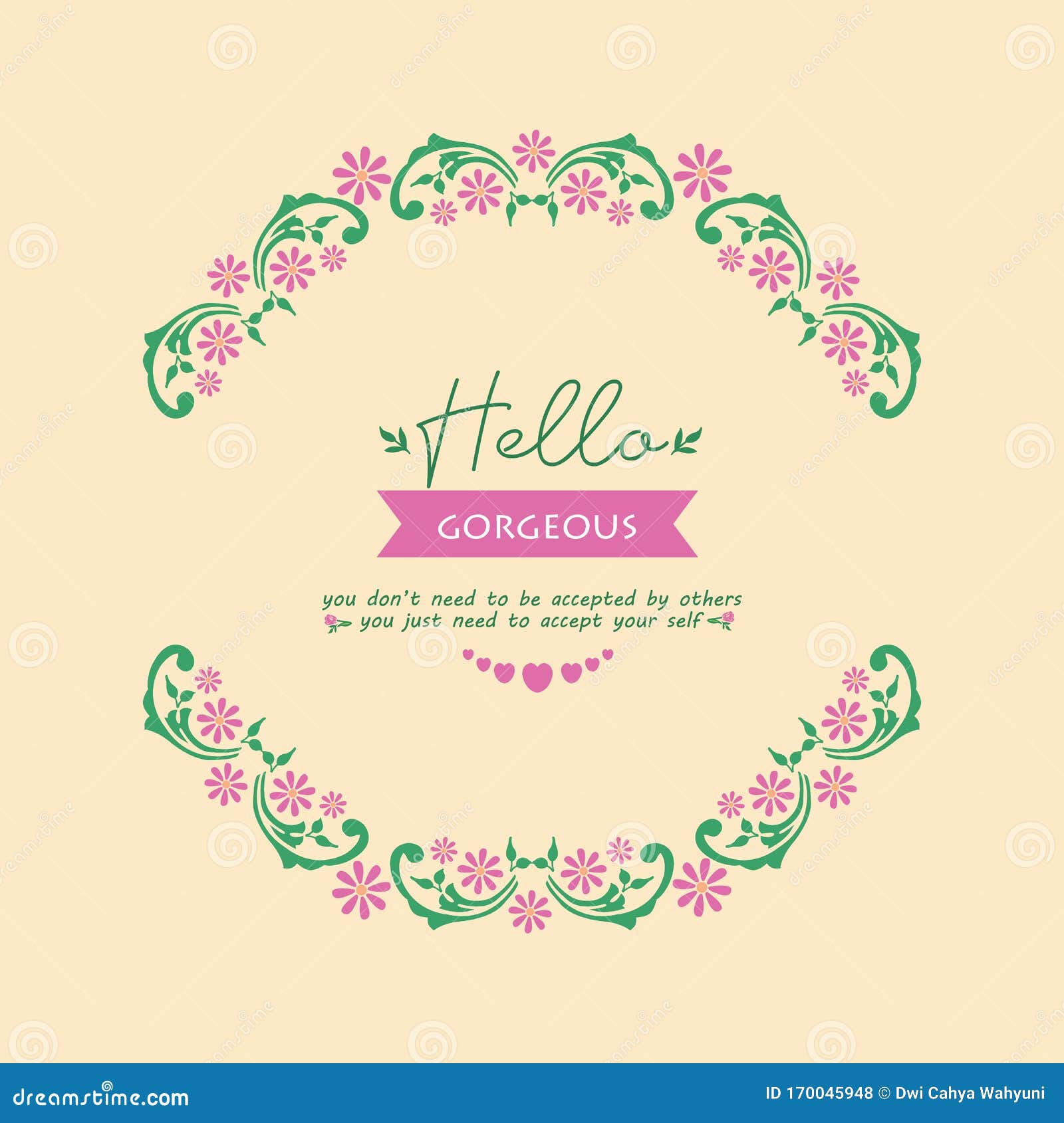 The Hello Gorgeous Card Design, With Romantic Leaf And Pink Wreath ...