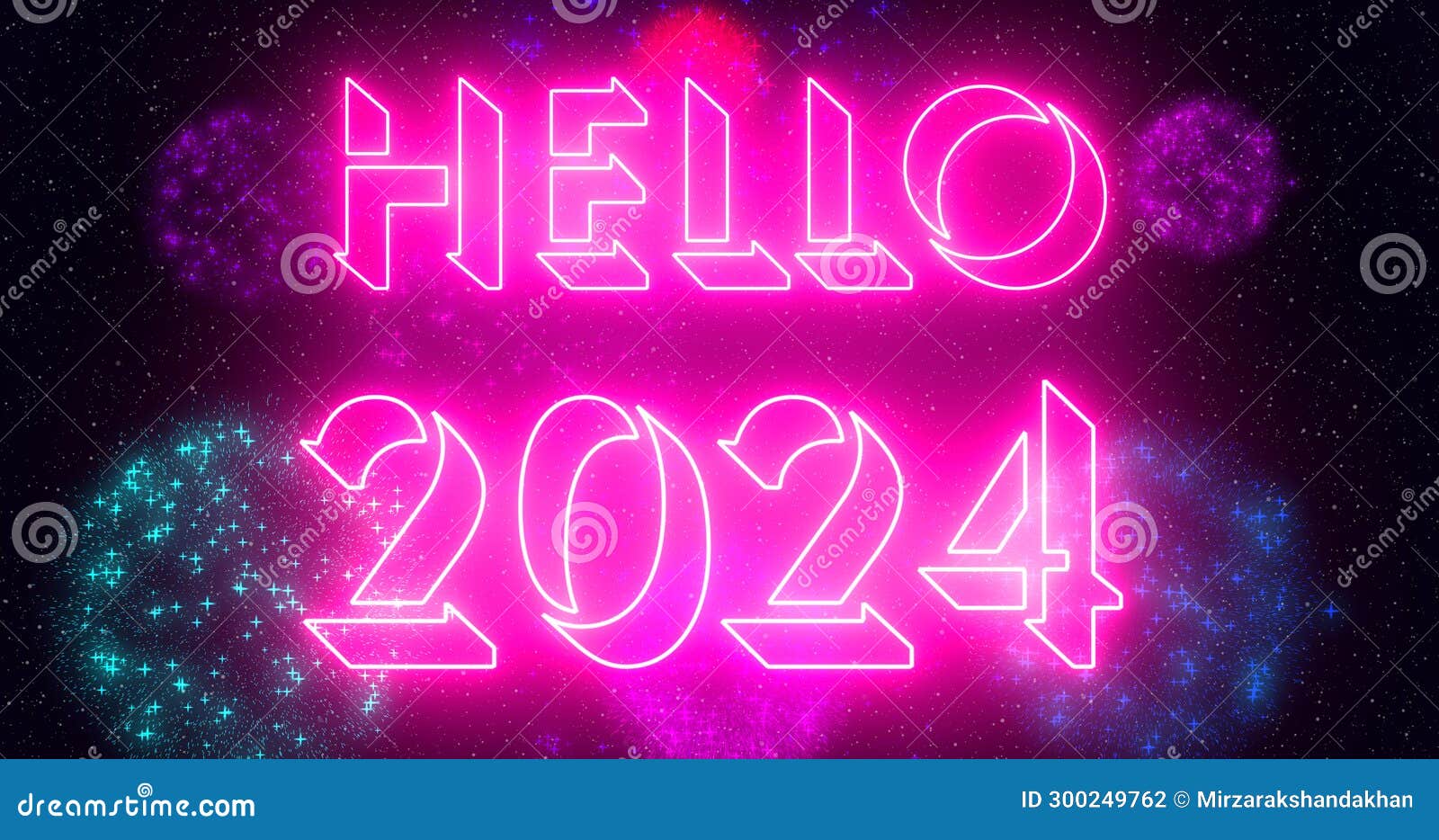 Hello, 2024 - Illustration Neon Colored with Neon Colorful Fireworks in ...