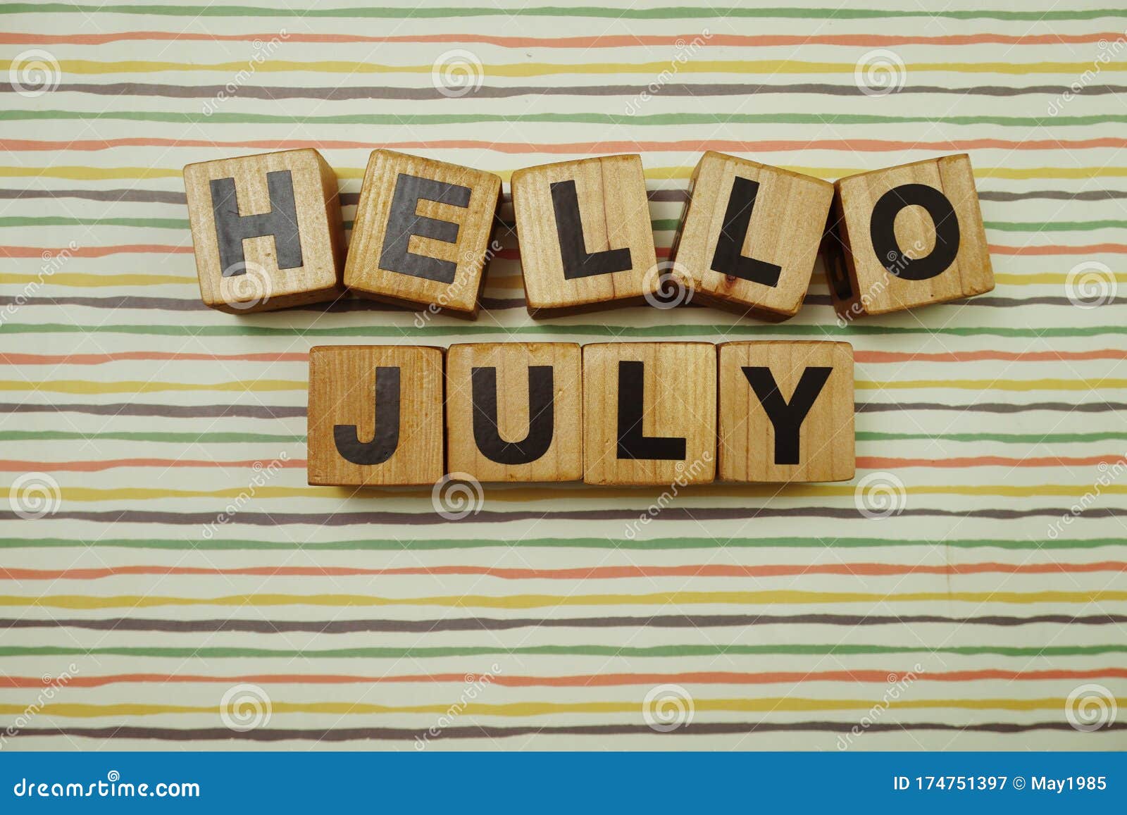 Hello July Alphabet Letters on Colorful Stripes Background Stock Image ...