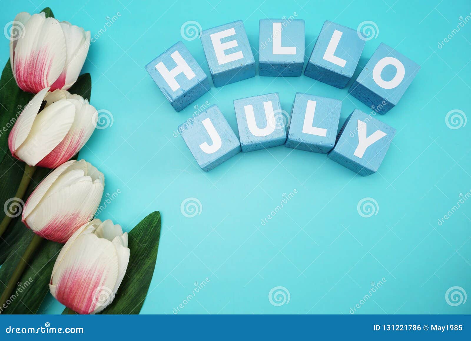 Hello July with Artificial Pink Tulip Flower on Blue Background Stock ...