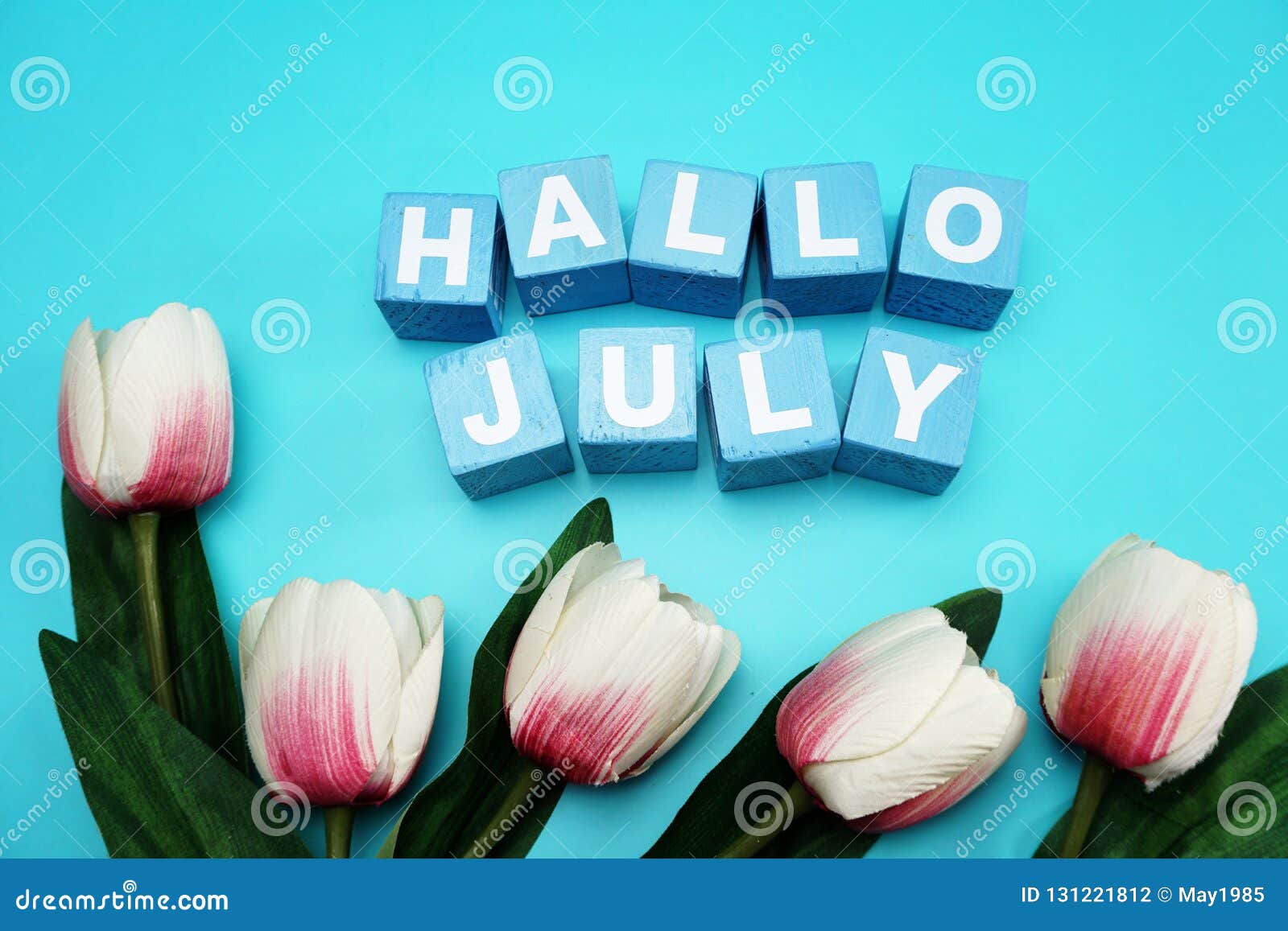 Hello July with Artificial Pink Tulip Flower on Blue Background Stock ...