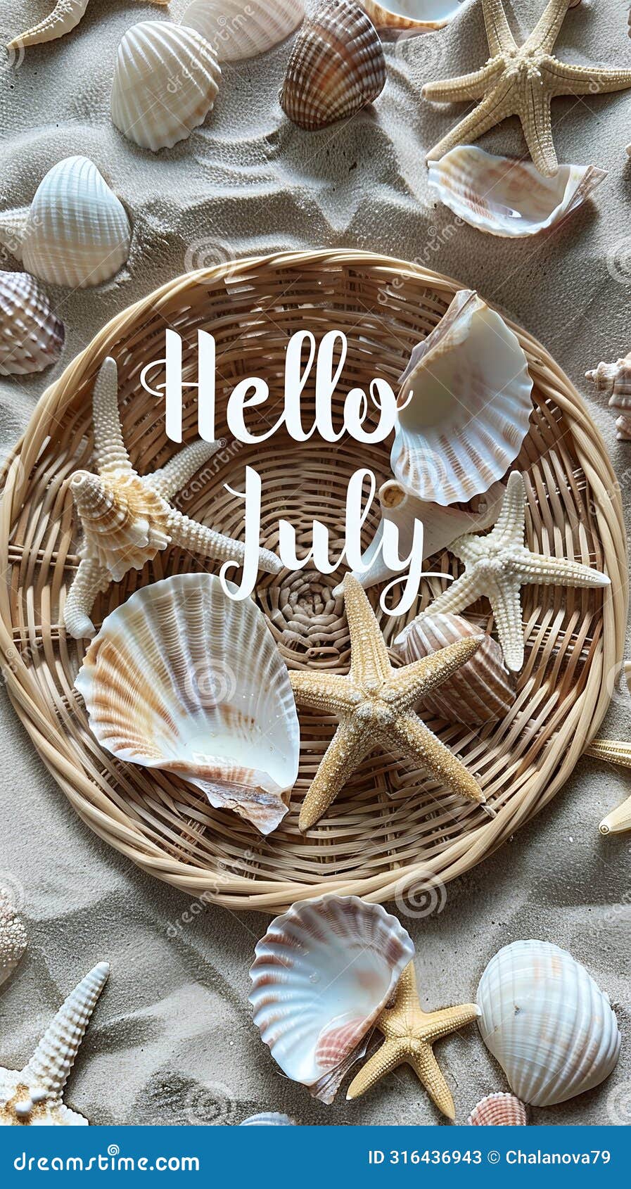 Hello July Text in Circle of Sea Shells. Title Concept, Vertical Stock ...