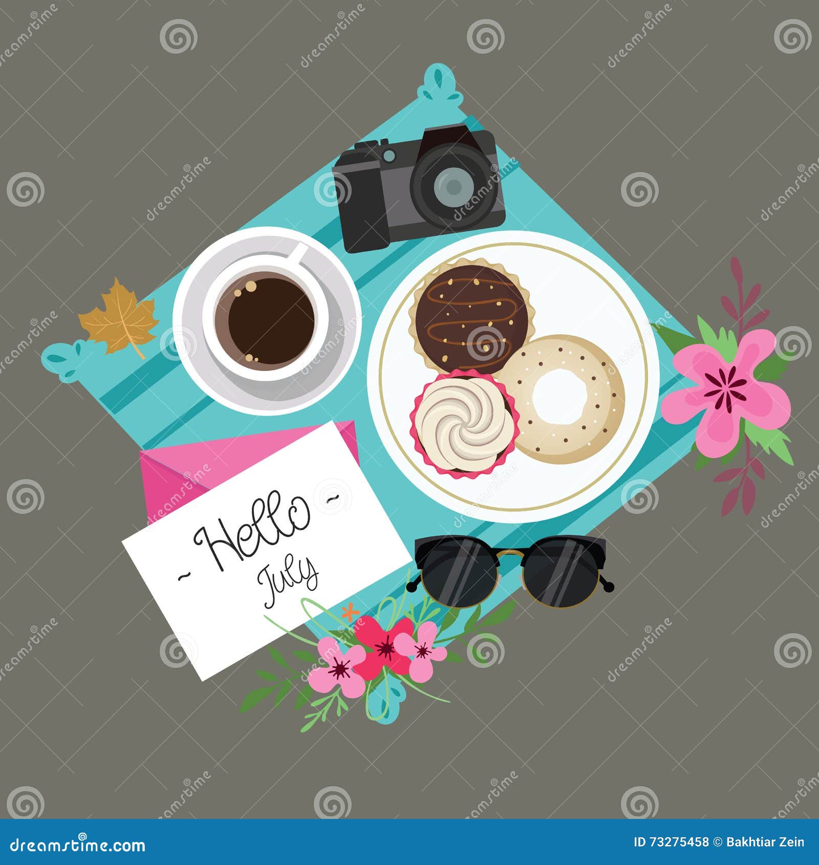 Hello July. JULY Month Vector With Flowers, Birdhouse, Swashes And ...