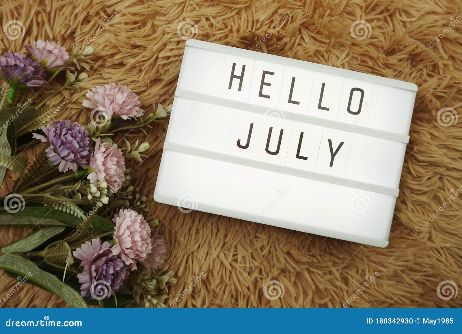 Hello July Word in Light Box and Flower Bouquet Stock Photo - Image of ...